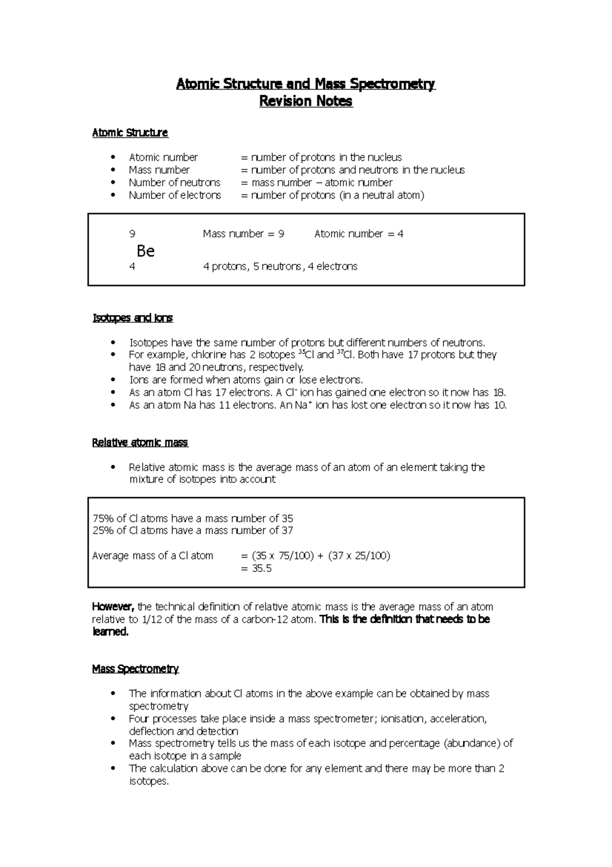 Atomic structure & Mass Sectrometry - Revision Notes - Atom ic St ruc ...