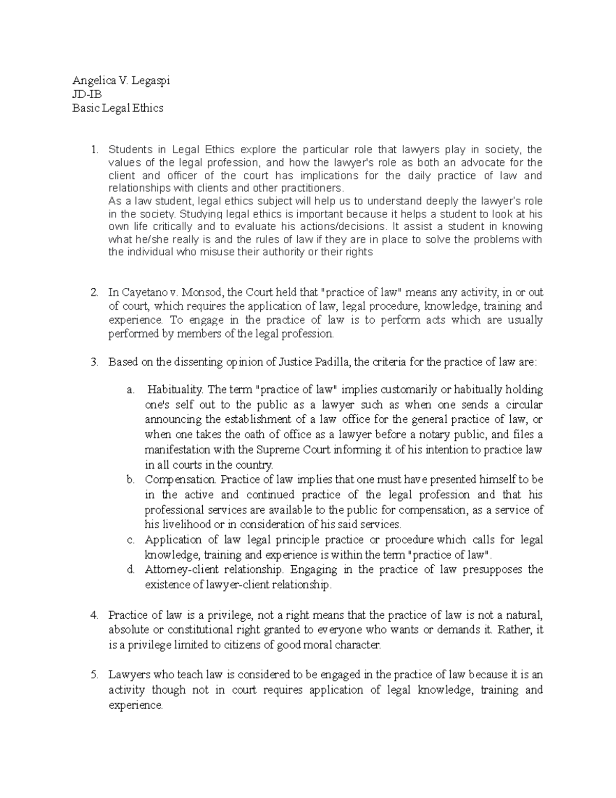 Legaspi, Angelica V. - Legal ethics - Angelica V. Legaspi JD-IB Basic ...