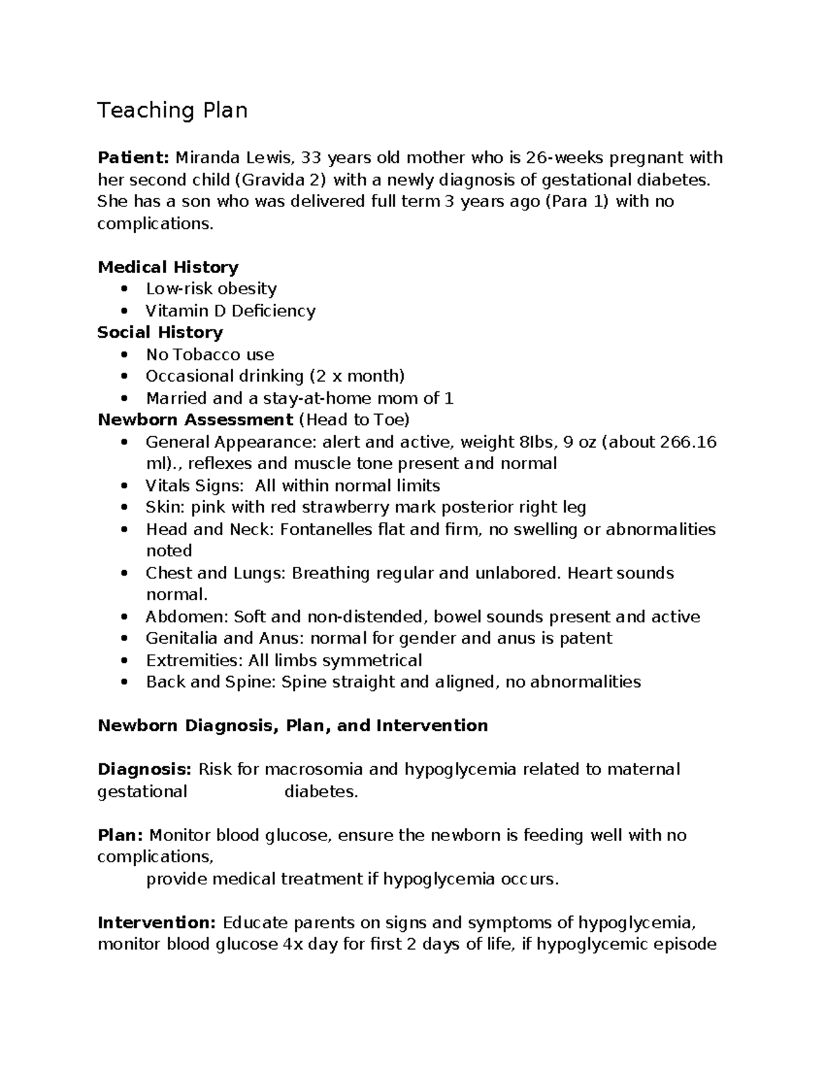 OB Teaching plan - Copy - Teaching Plan Patient: Miranda Lewis, 33 ...