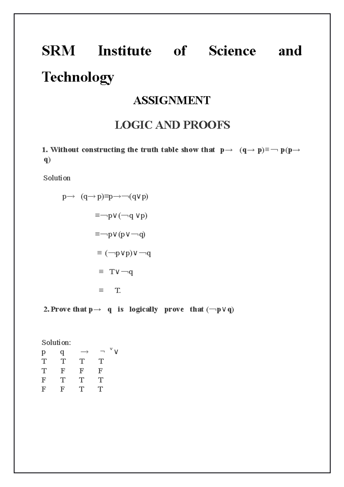 Logic AND Proofs Assignment - SRM Institute of Science and Technology ...