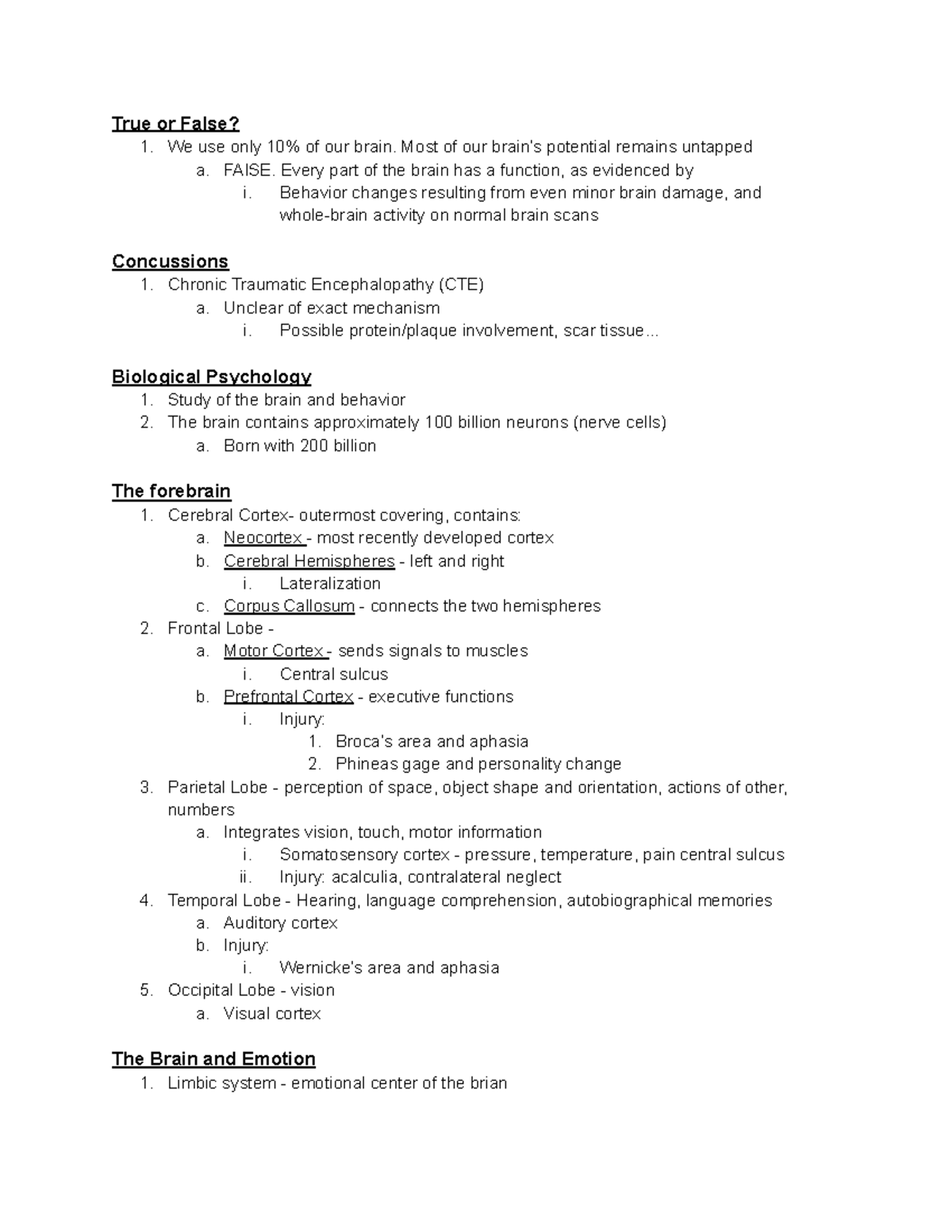 Psys 9 8 - Prof Forbey - True or False? We use only 10% of our brain ...