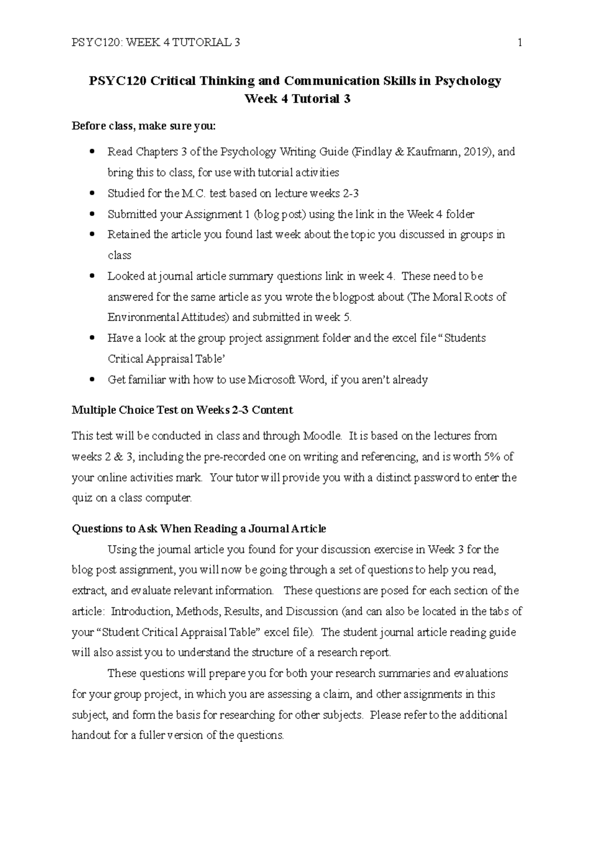 Students Week 4 Tutorial 3 - PSYC120 Critical Thinking and ...