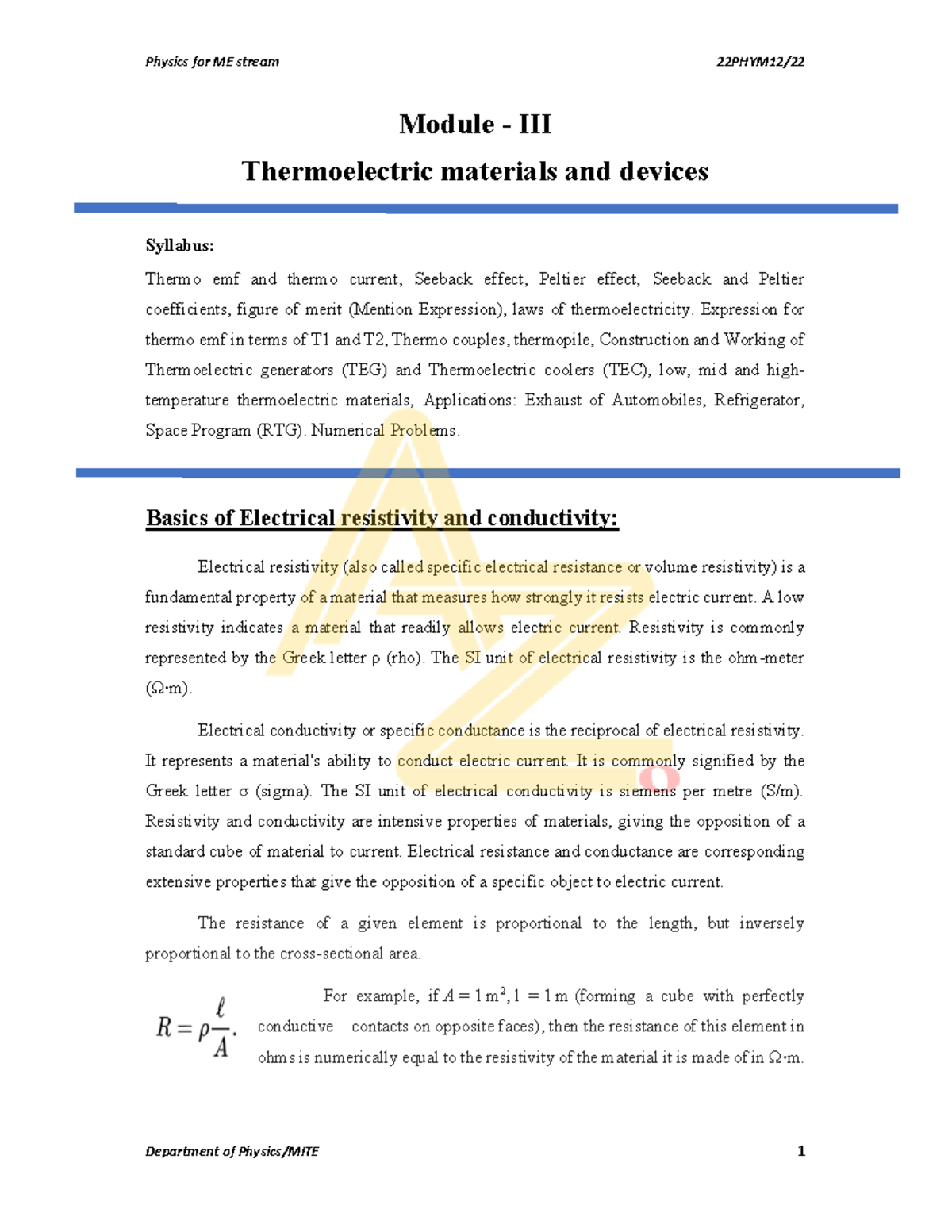 Bphym 102 Mod3@Az Dodcuments - Module - III Thermoelectric materials ...