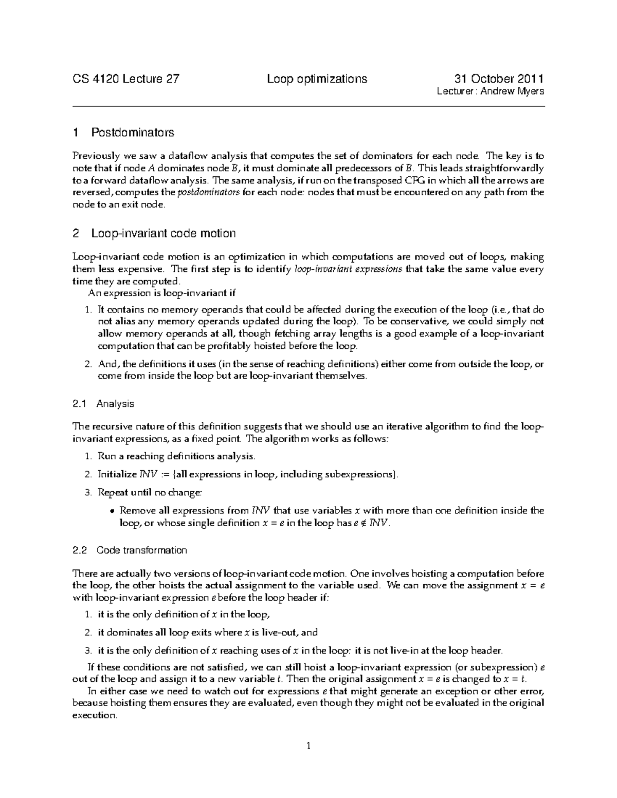 Lecture Notes Lecture 27 Cs 4120 Lecture 27 Loop Optimizations 31 October 2011 Lecturer 