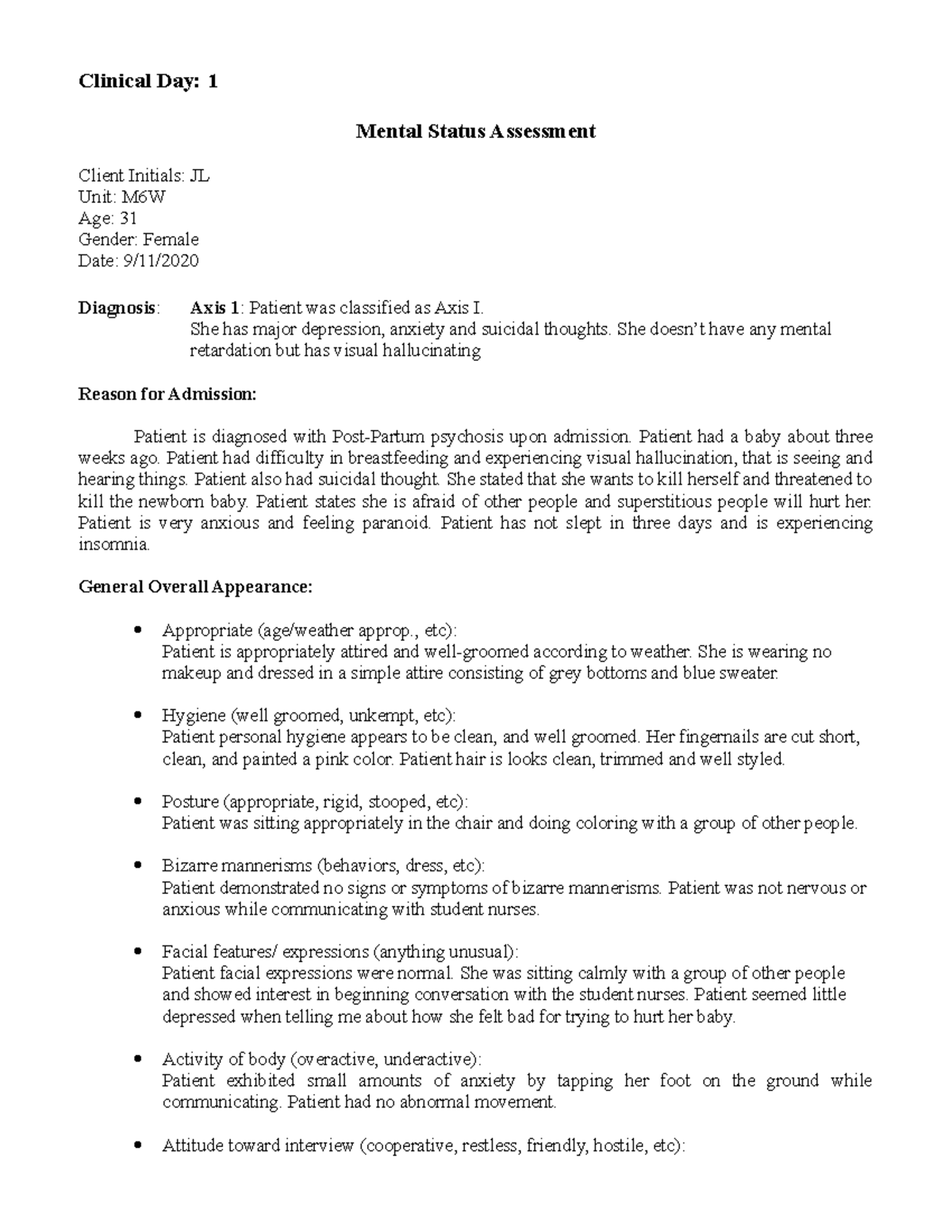 MSA Paper for psychology - Clinical Day: 1 Mental Status Assessment ...