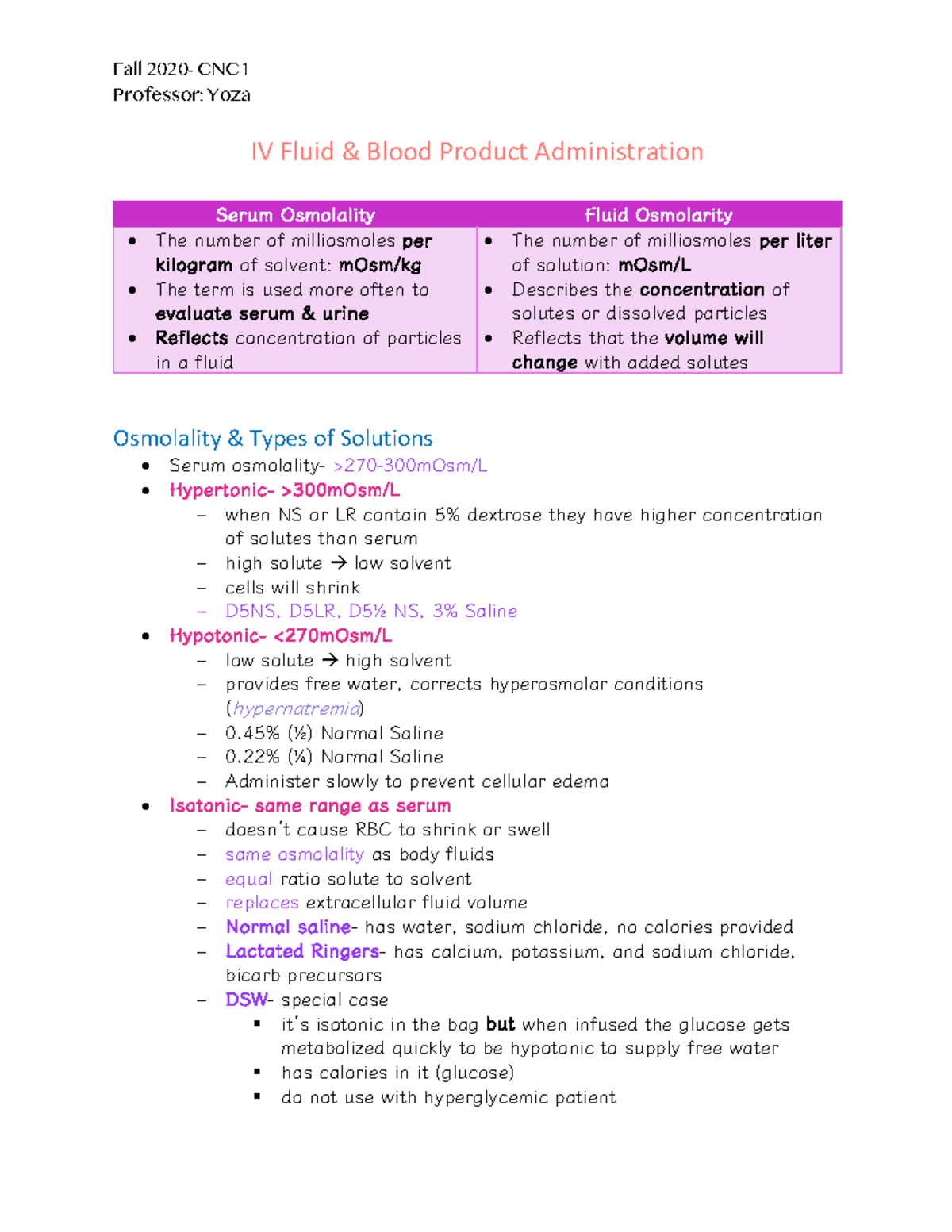 IV Fluid & Blood study guide - Professor: Yoza IV Fluid & Blood Product ...