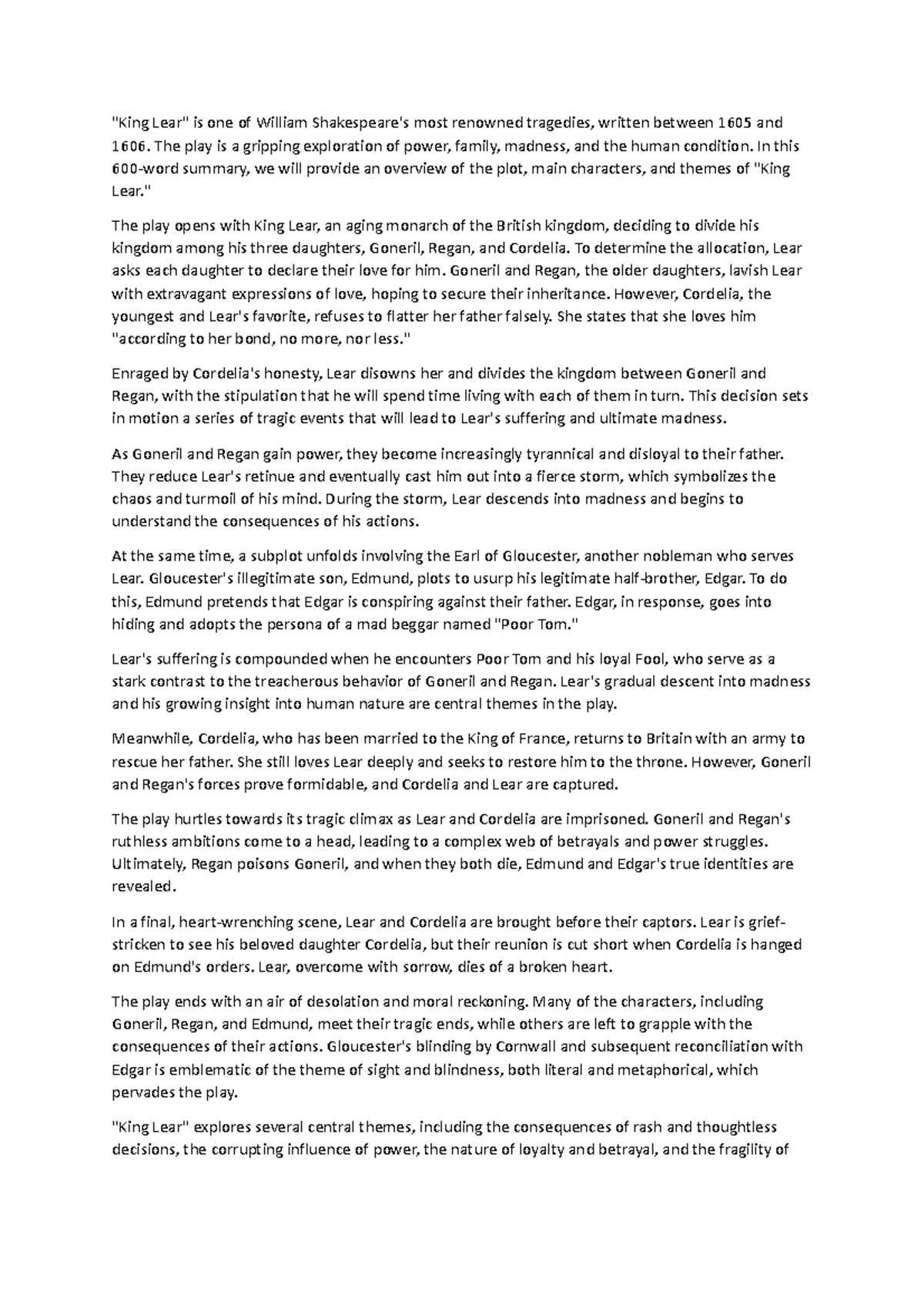 King Lear summary - "King Lear" is one of William Shakespeare's most ...