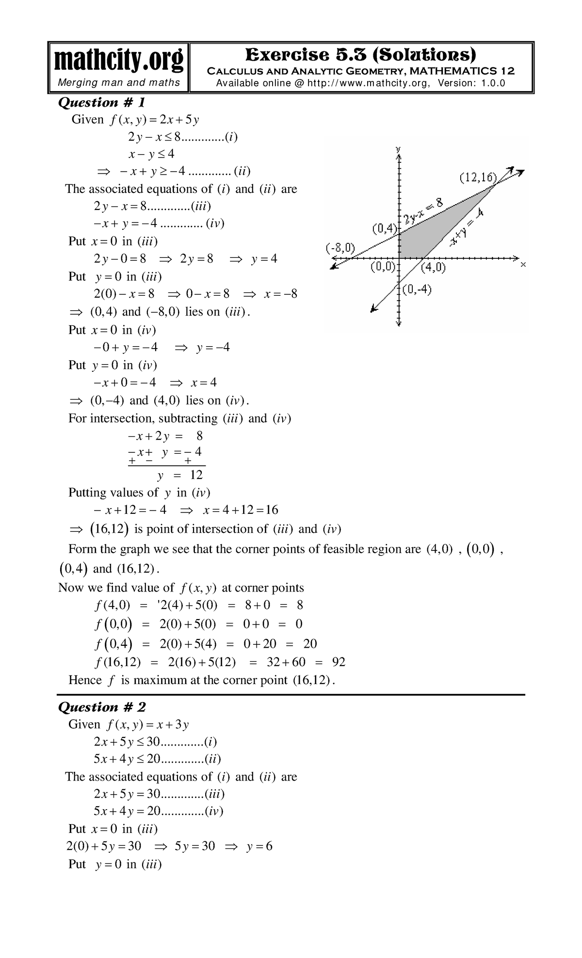 Ex 5 3 FSC part2 - mathcity Merging man and maths Exercise 5 (Solutions) Calculus and Analytic ...