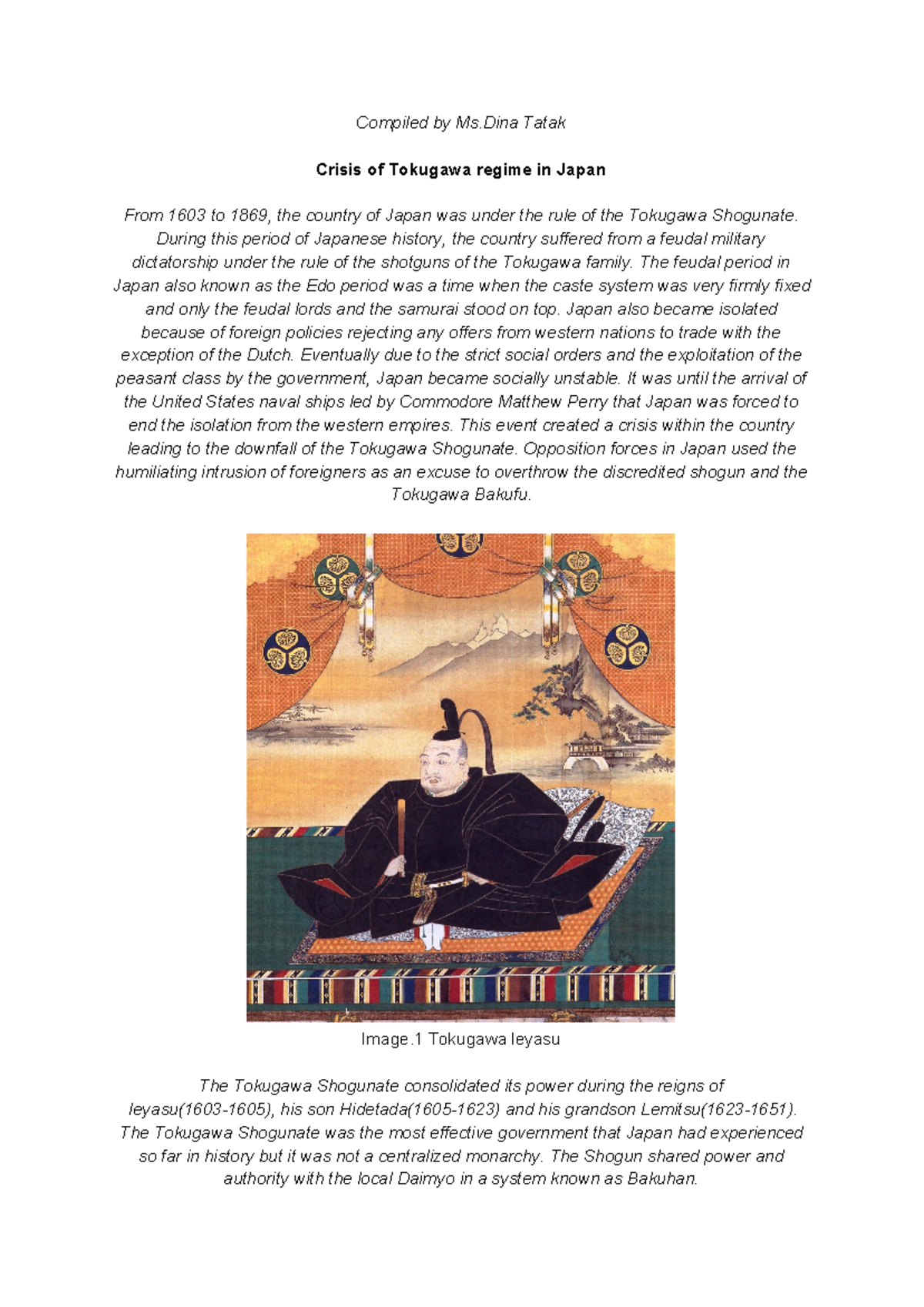 Crisis of Tokugawa regime in Japan - Compiled by Ms Tatak Crisis of ...