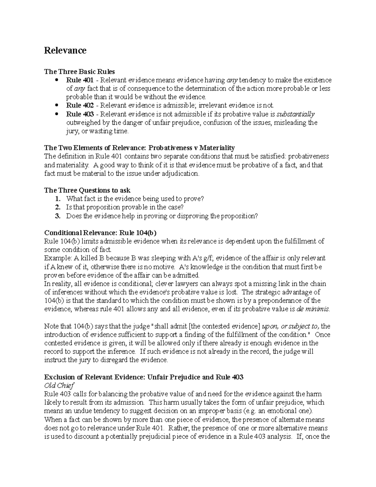 Evidence Outline (Lund) - Relevance The Three Basic Rules Rule 401 ...
