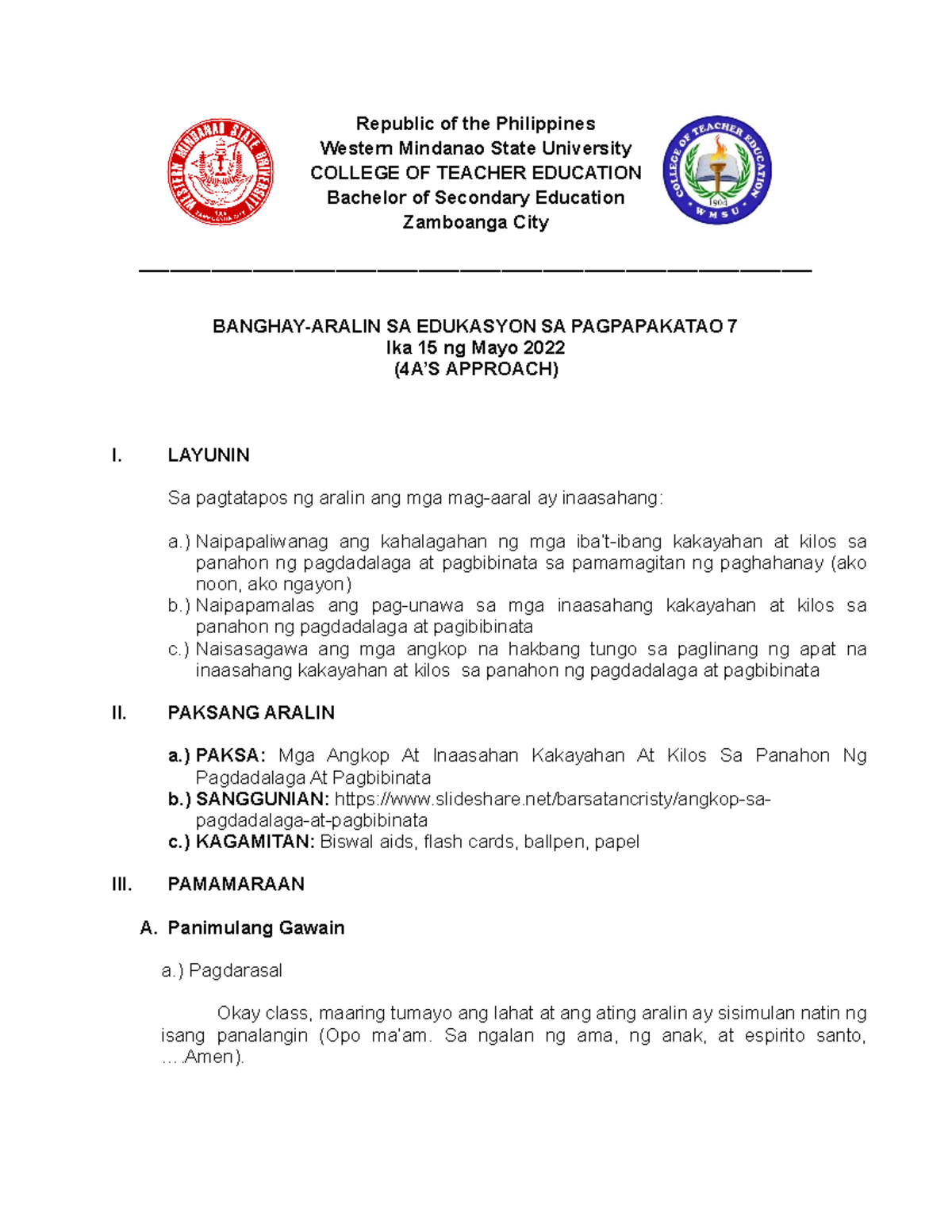 AYCO-4AS - LESSON PLAN 4AS APPROACH - Republic of the Philippines ...