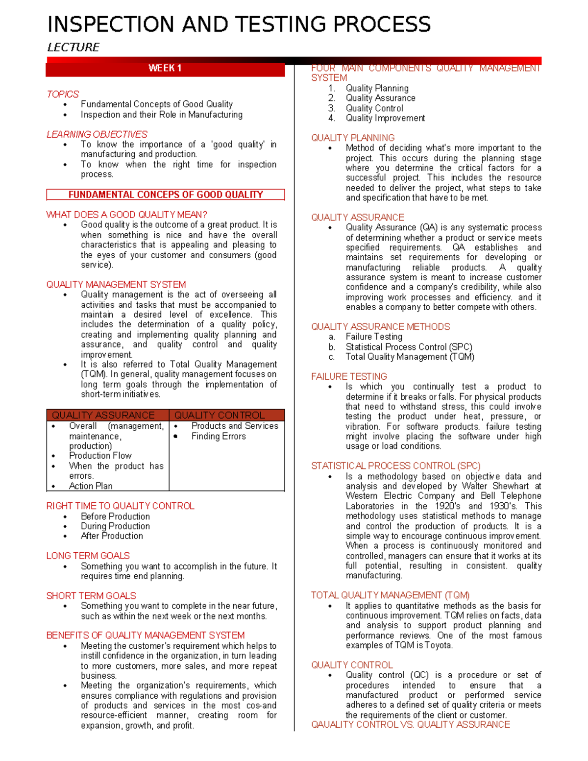 WEEK 1 - Fundamental Concepts of Good Quality Inspection and their Role ...