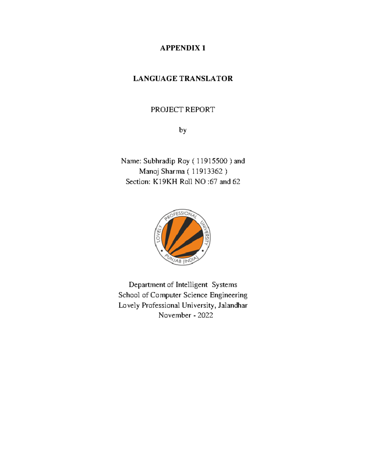 Int 248 project report - its much each - APPENDIX 1 LANGUAGE TRANSLATOR PROJECT REPORT by Name ...