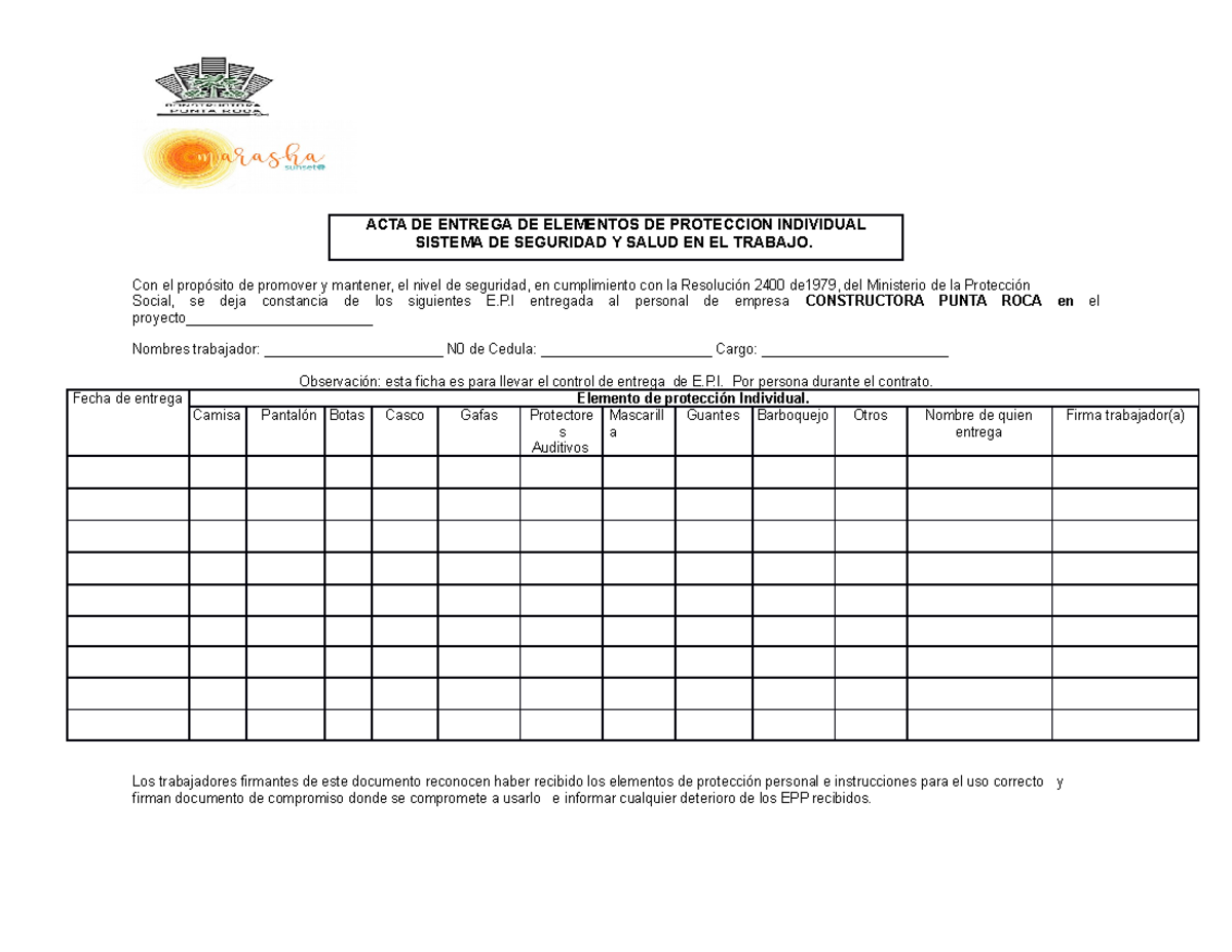 ACTA DE Entrega DE Elementos DE Proteccion Individual EPPpnta roca ...