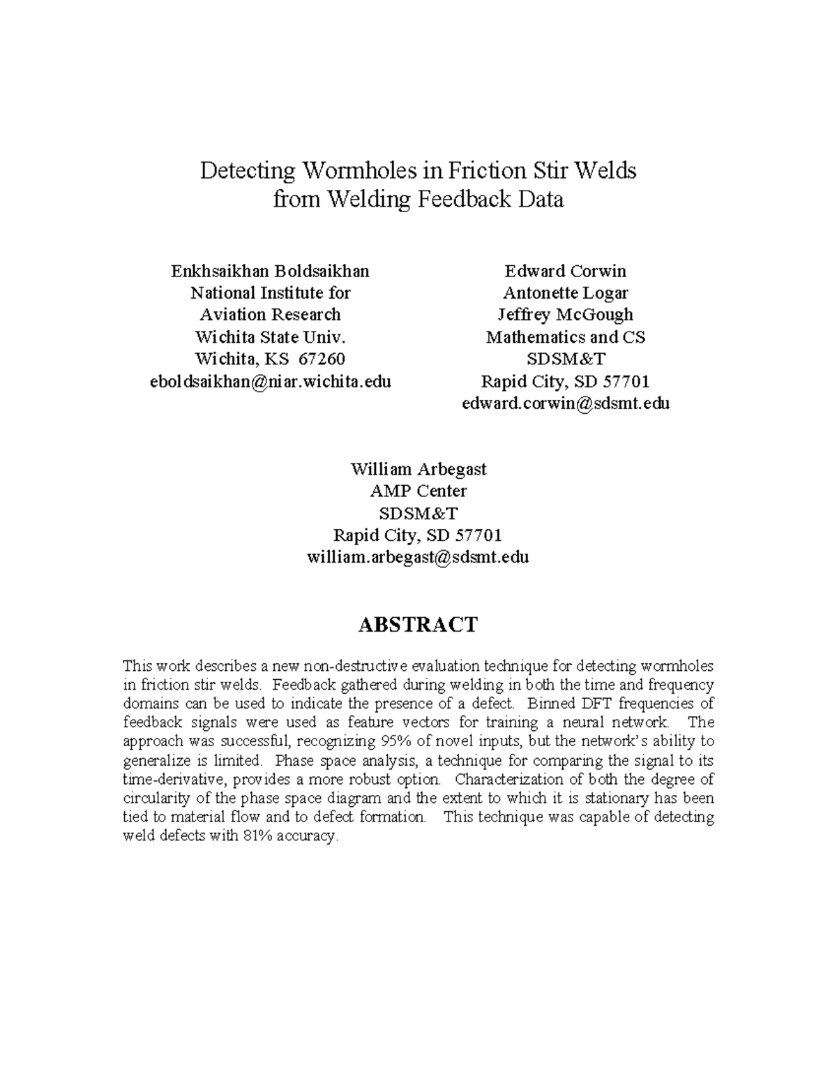 Wormhole defect in friction stir welding - Detecting Wormholes in ...