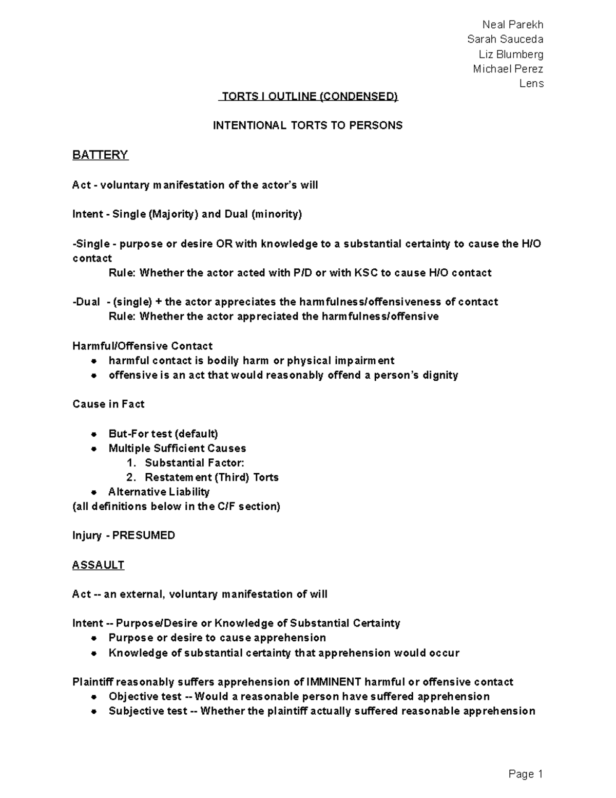 Torts 1 Outline (2017 ), Lens - Sarah Sauceda Liz Blumberg Michael ...