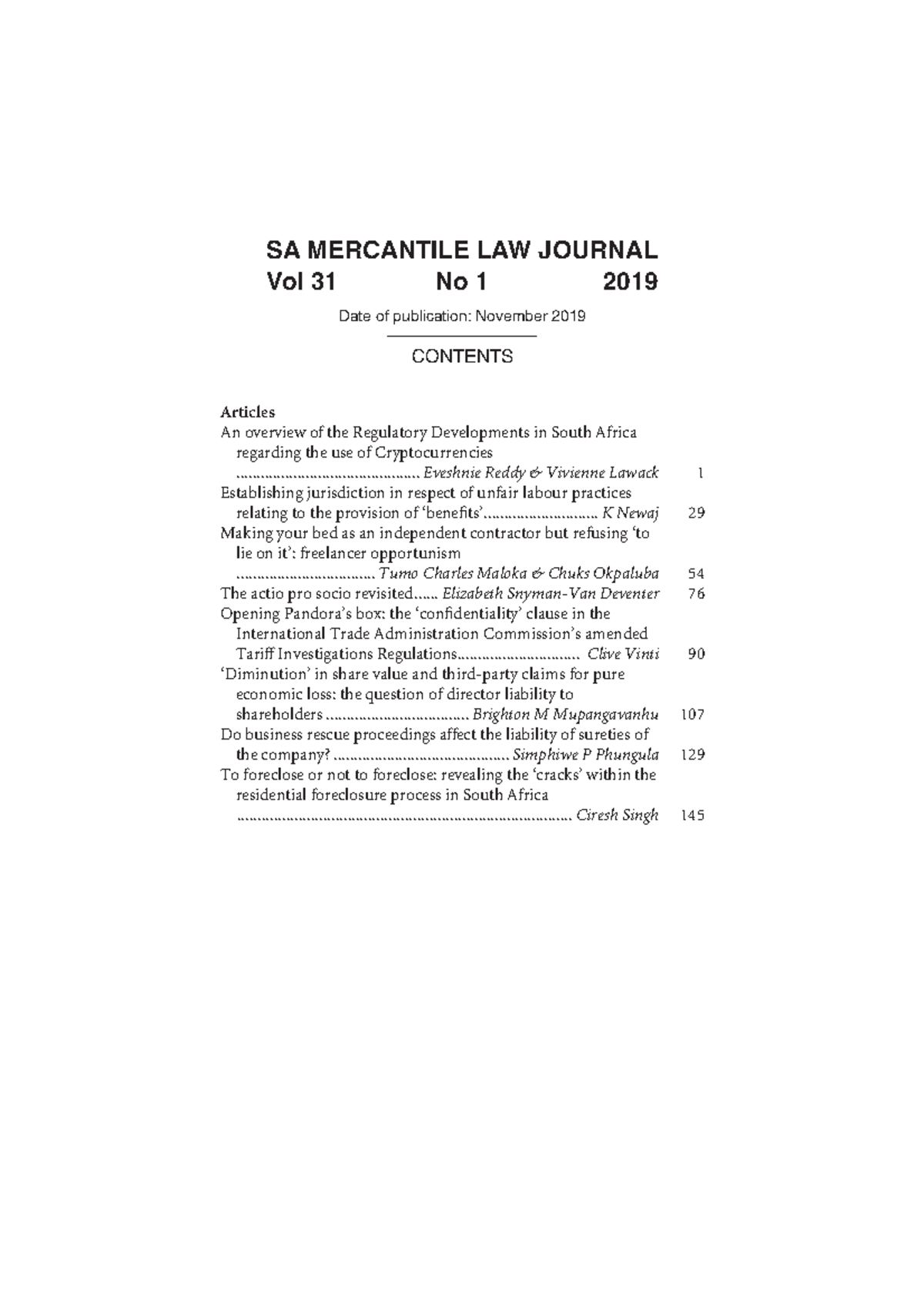 The actio pro socio revisited - SA MERCANTILE LAW JOURNAL Vol 31 No 1 ...