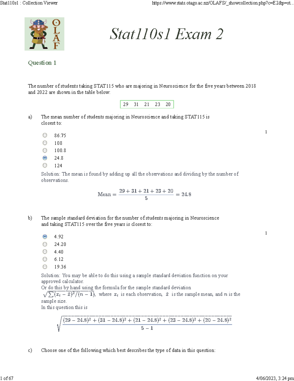 STAT110 2023S1 Practice Exam WITH solutions - Stat110s1 Exam 2 Question ...