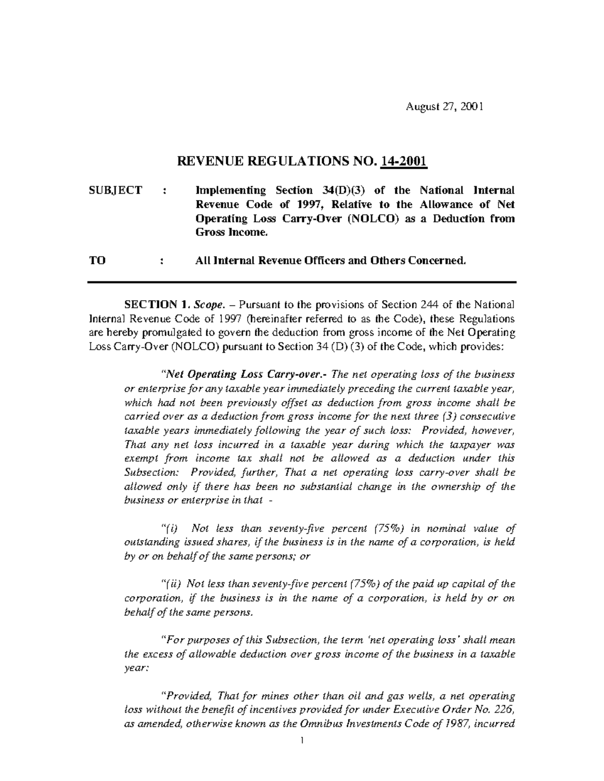 Nolco RR Digest - Lecture notes 1 - August 27, 2001 REVENUE REGULATIONS ...