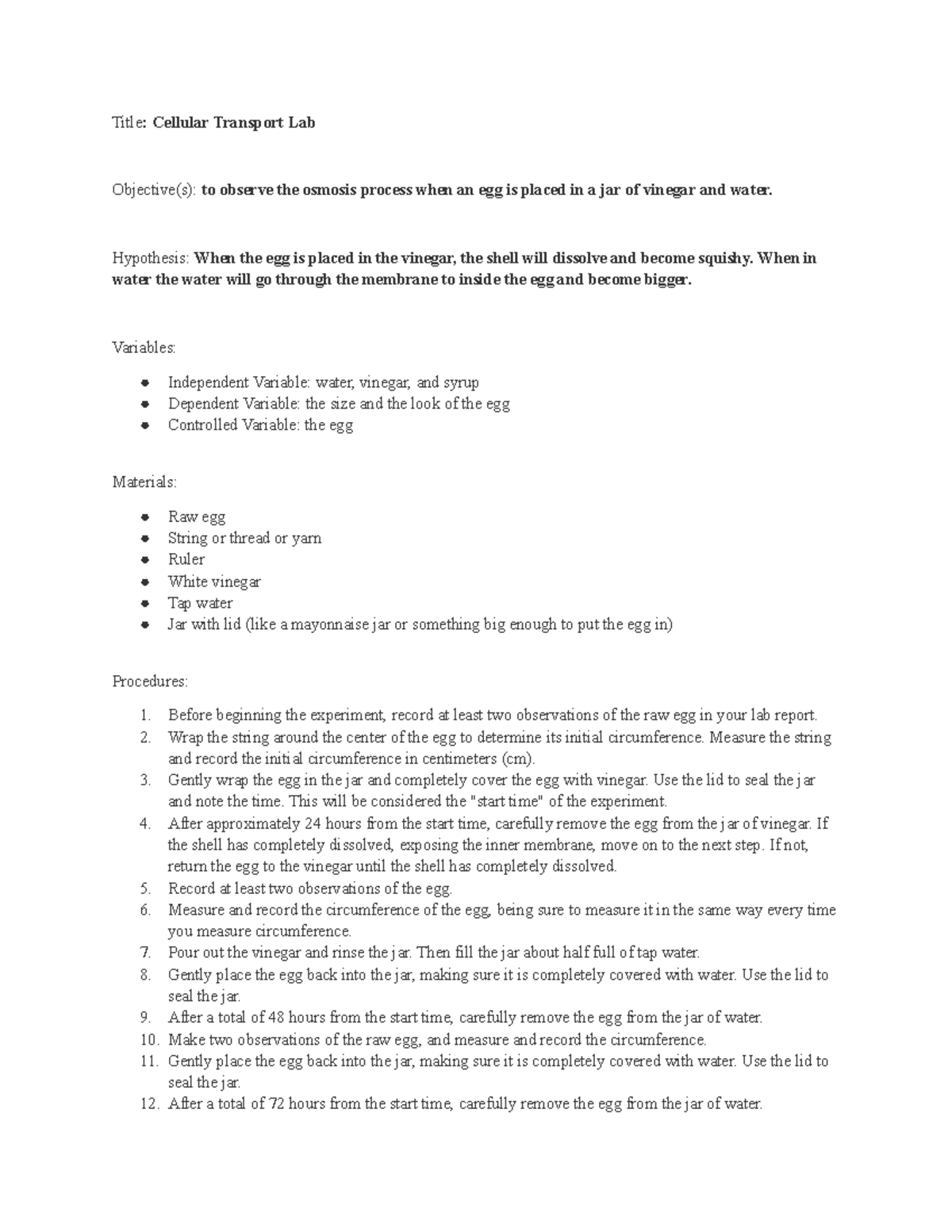 Cellular transport lab - Title: Cellular Transport Lab Objective(s): to ...