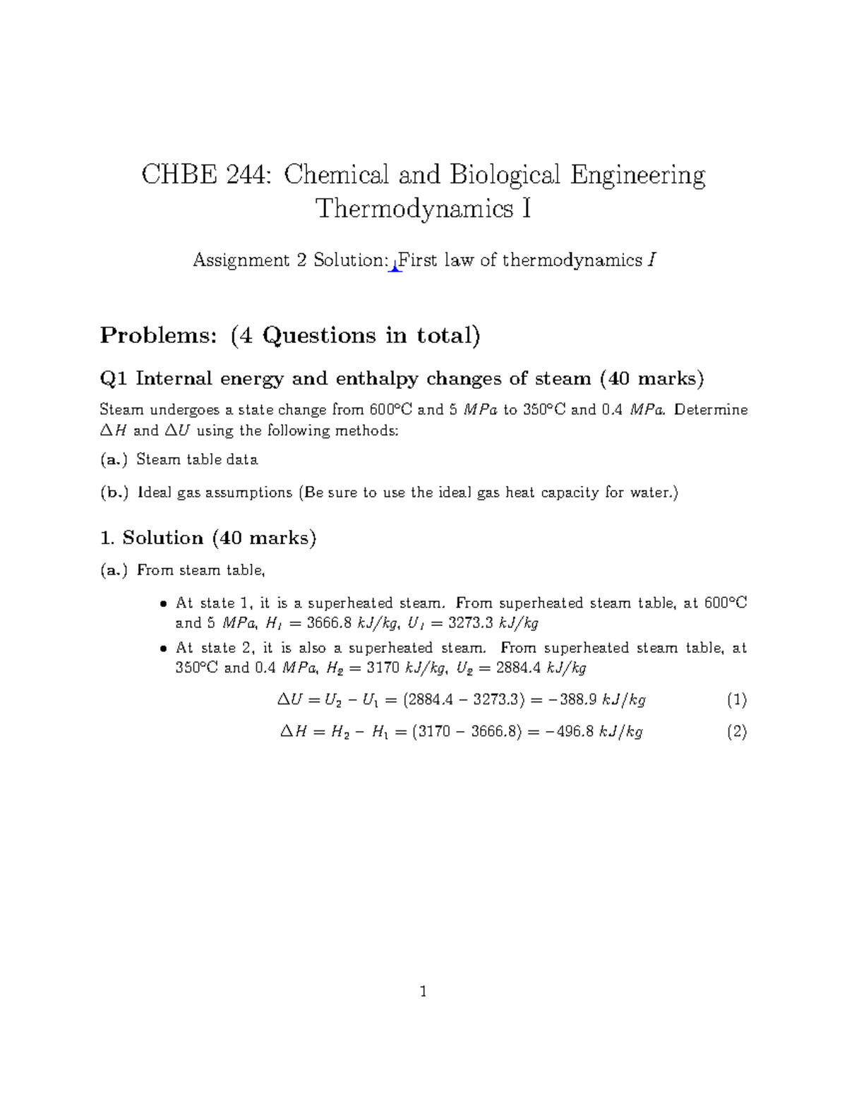 CHBE244 Assignment 02 Solutions - CHBE 244: Chemical and Biological Engineering Thermodynamics I ...