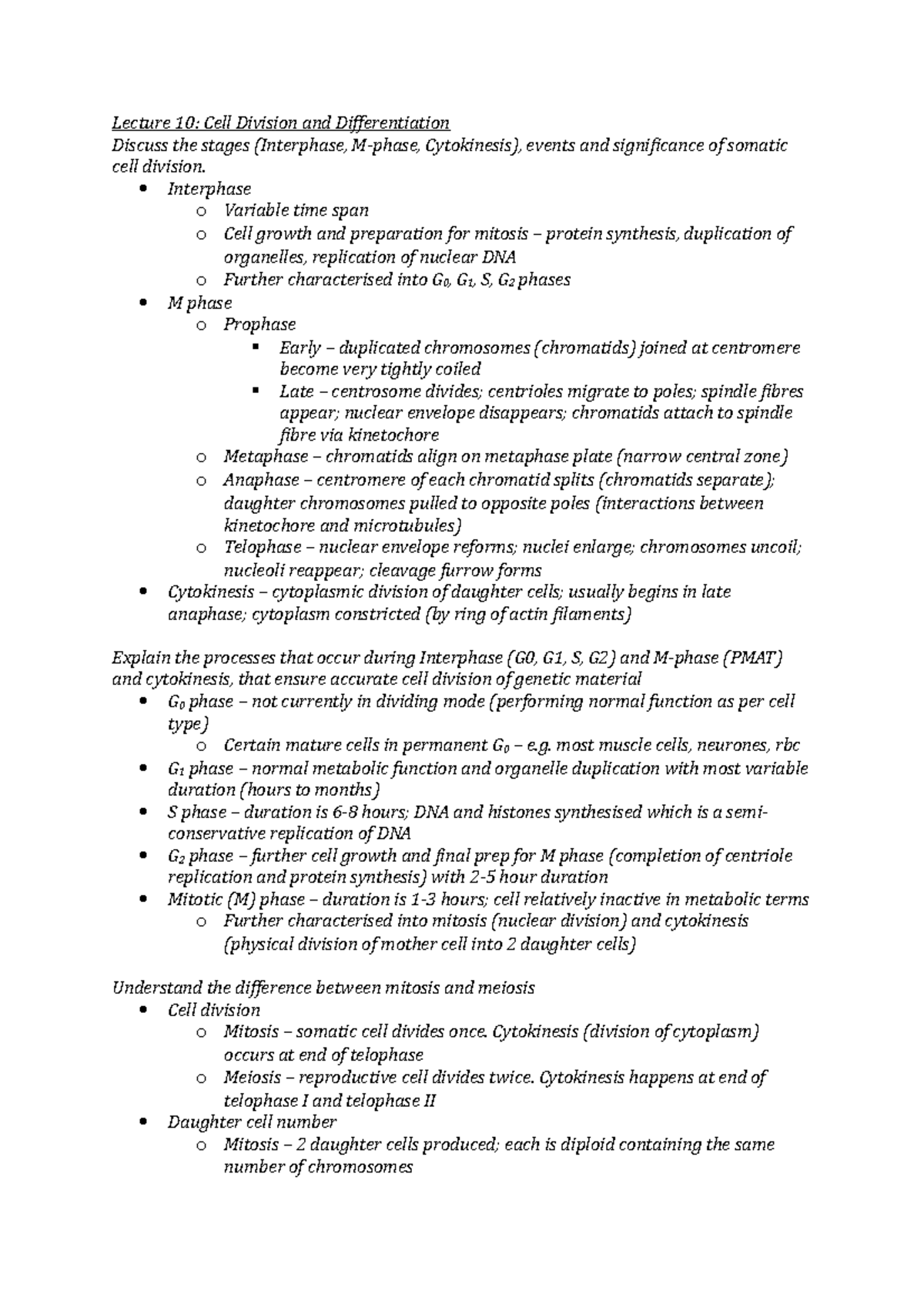 HUBS1403 - WEEK 4 Notes - Lecture 10: Cell Division and Differentiation ...