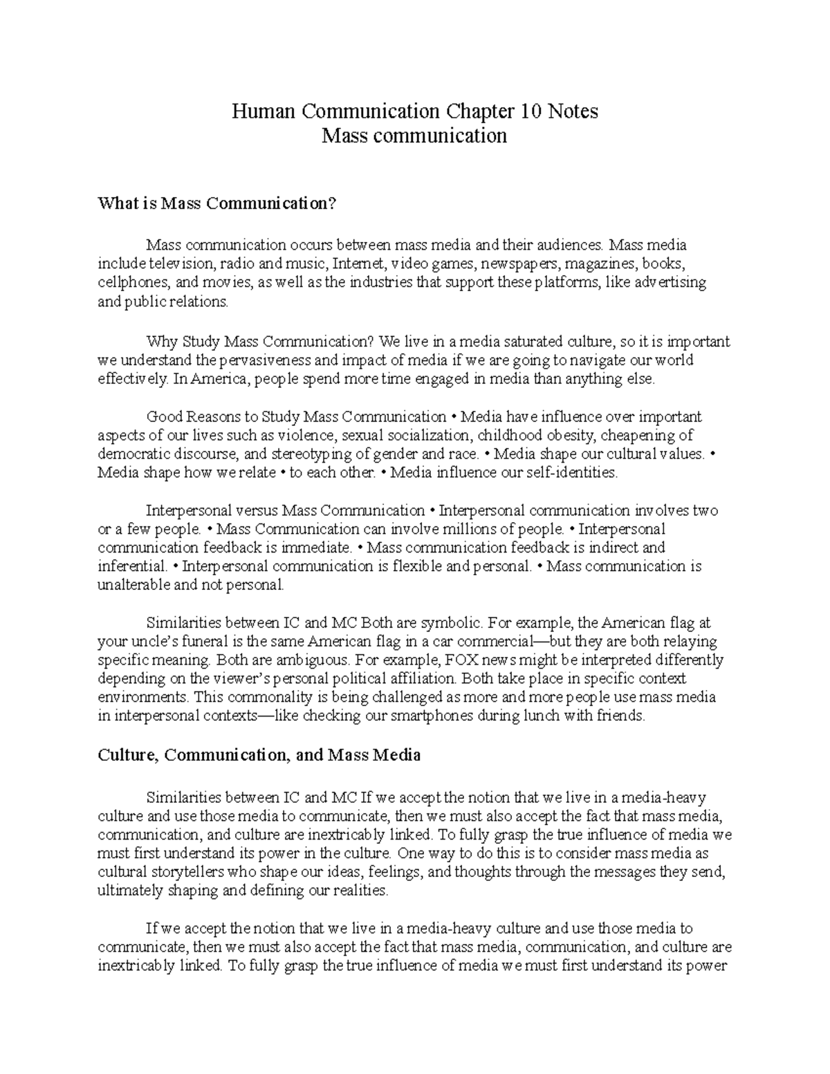 Human Communication Chapter 10 Notes Mass Communication - Studocu