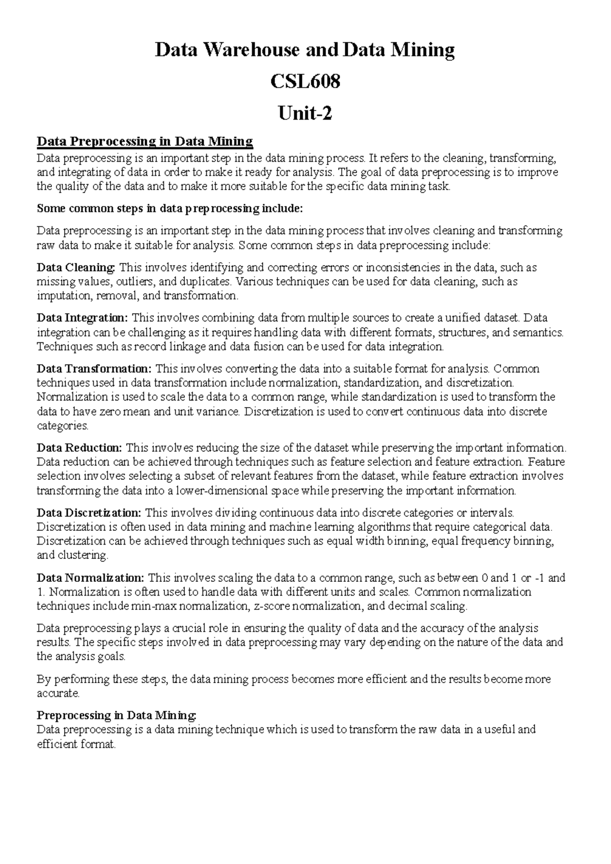 Unit 2 Data Warehouse and Data Mining - Data Warehouse and Data Mining CSL Unit- 2 Data - Studocu