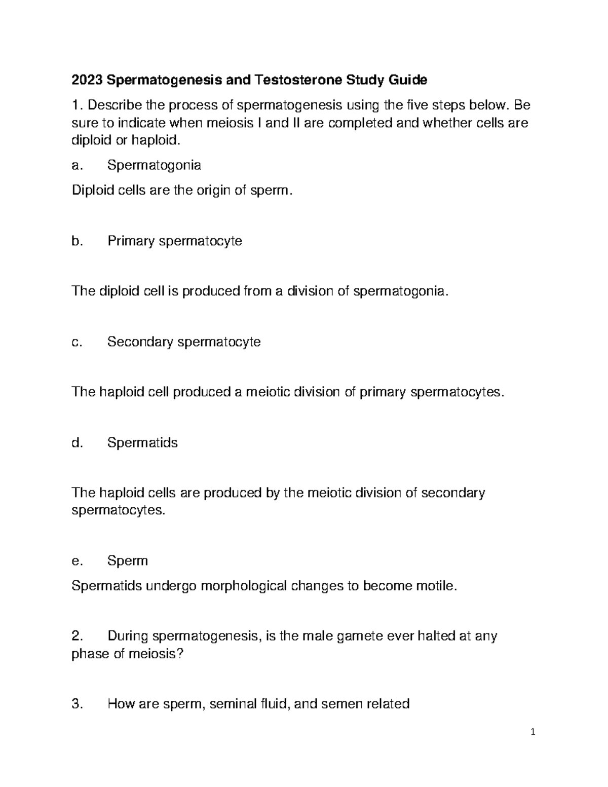 2023 Spermatogenesis and Testosterone Study Guide - Describe the ...
