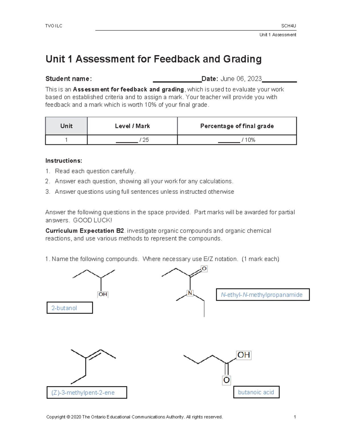1. Assignment 1 sch4u 01 TVO ILC - Unit 1 Assessment Unit 1 Assessment ...