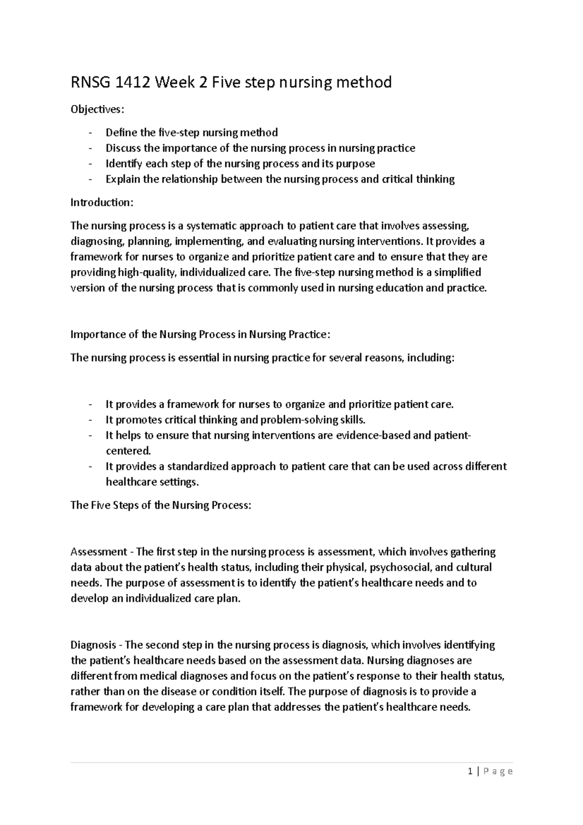 RNSG 1412 Week 3 Five step nursing method - RNSG 1412 Week 2 Five step ...