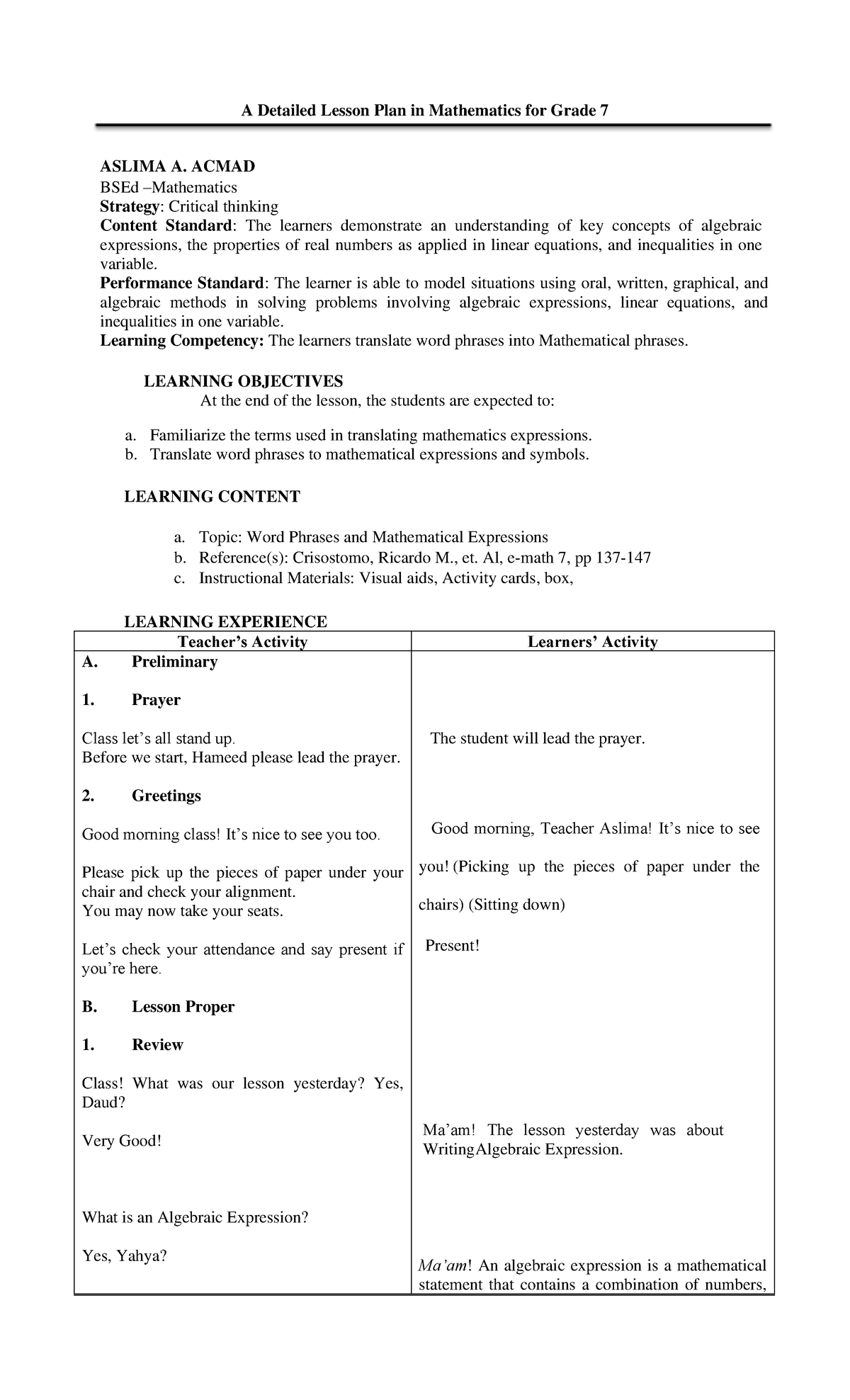 Final A Detailed Lesson Plan in Mathematics for Grade 7 - A Detailed ...