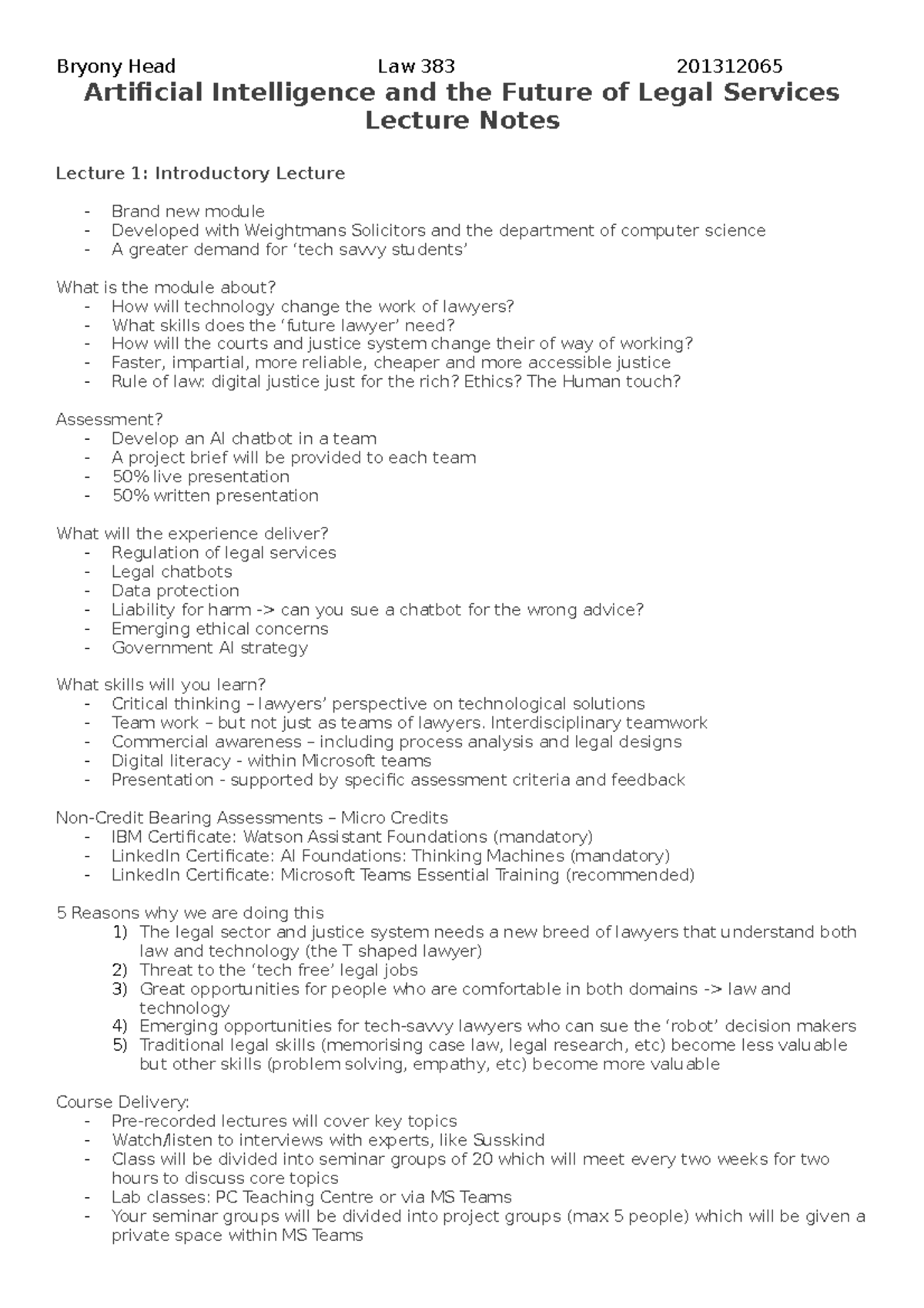 AI Lecture Notes - Artificial Intelligence and the Future of Legal ...