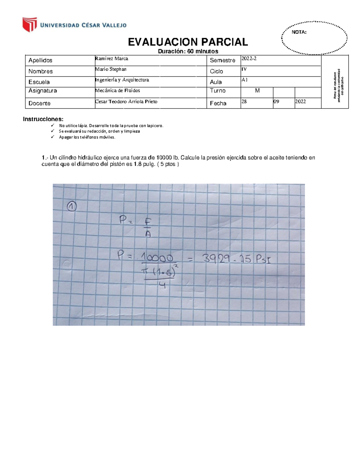 Examen parcial 01 - tarea - EVALUACION PARCIAL Duración: 60 minutos Apellidos Ramirez Marca ...