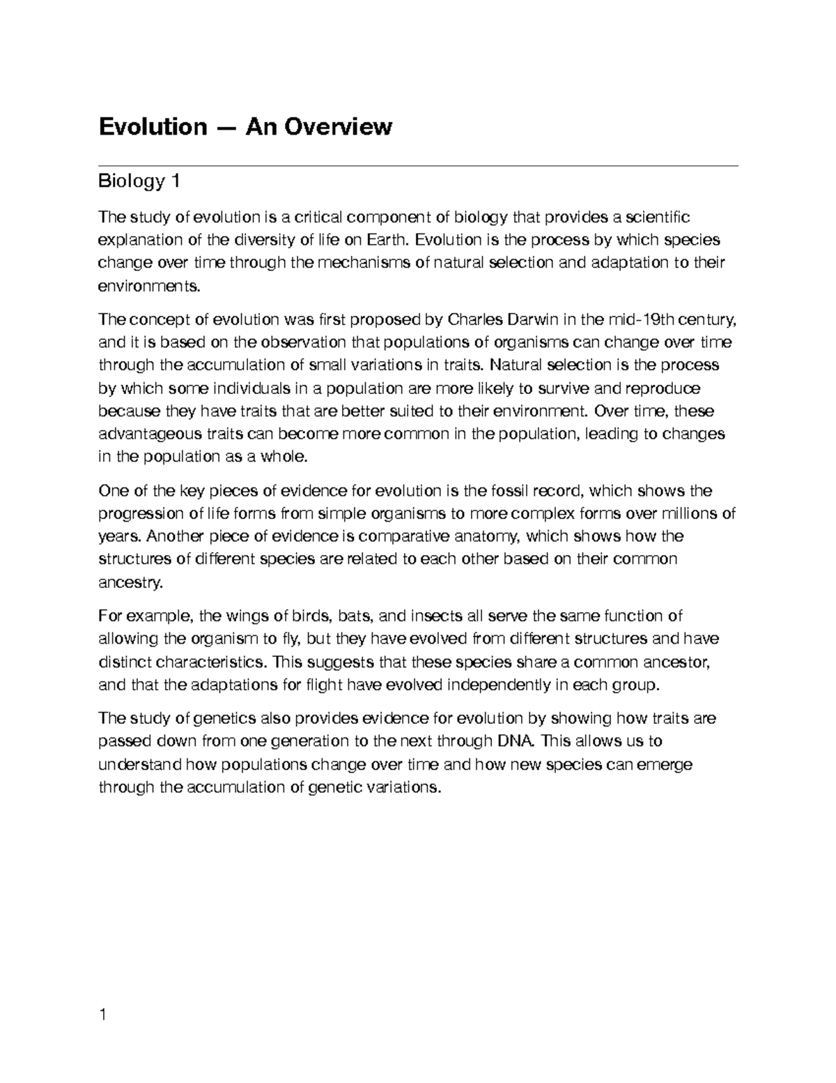 Evolution Overview and Summary - Evolution — An Overview Biology 1 The ...