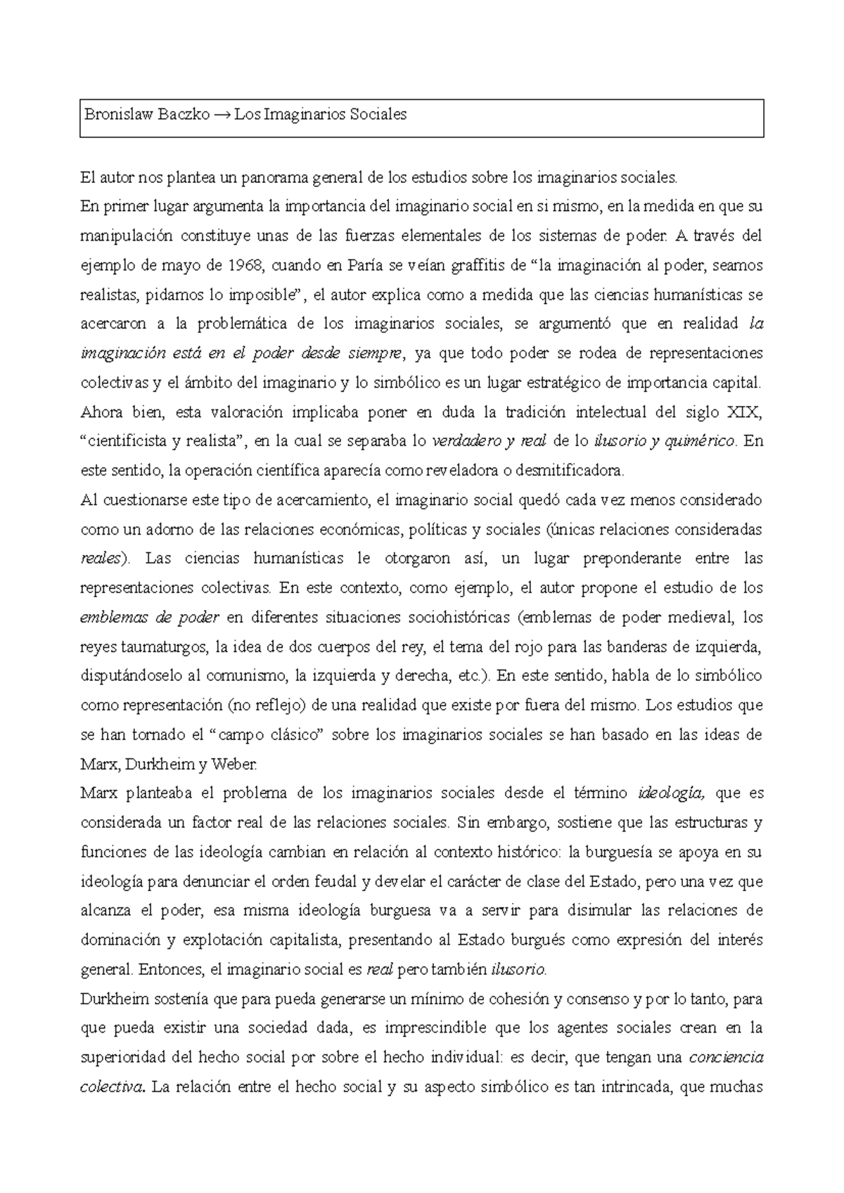 395649375 Baczko Imaginarios sociales - Bronislaw Baczko → Los Imaginarios Sociales El autor nos ...