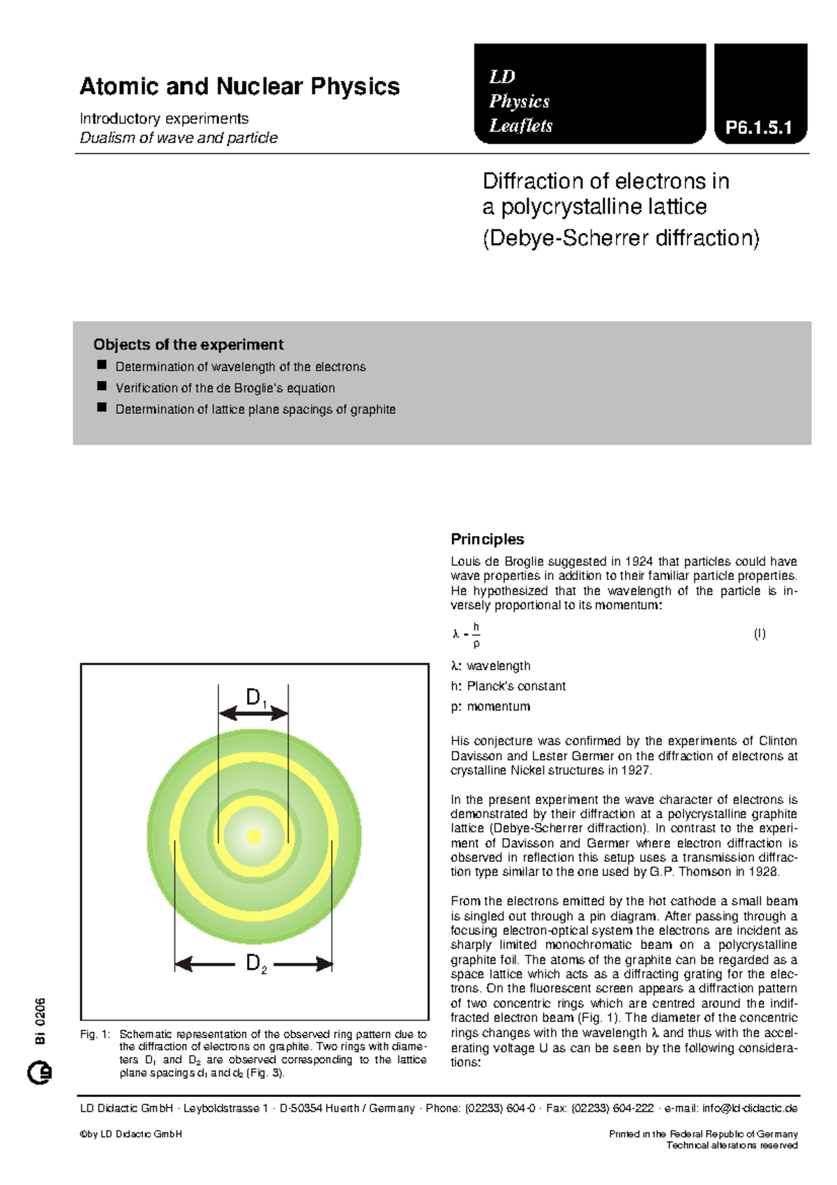 Diffraction Of Electrons In Polycrystalline Lattice Ld Didactic Gmbh Leyboldstrasse 1 D