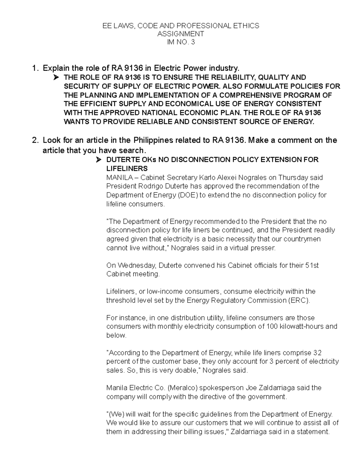 EE LAWS,CODE AND Ethics Assignment IM NO. 3 - EE LAWS, CODE AND ...
