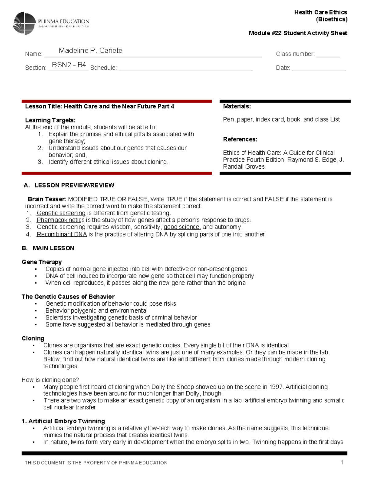 Bioethics Session 22 SAS - (Bioethics) Module #22 Student Activity ...