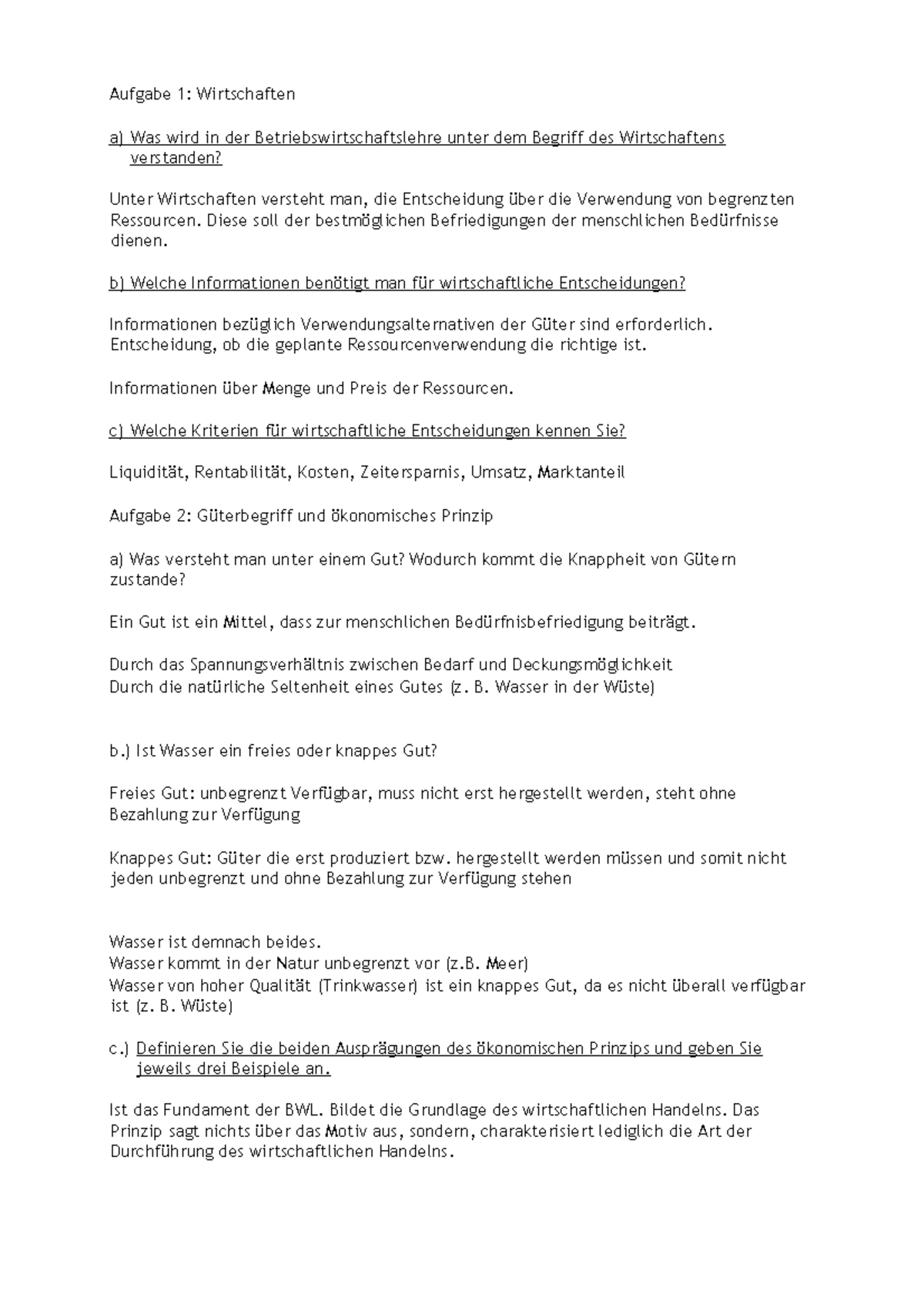 Arbeitszettel 1 LE1 - Sommersemester - Aufgabe 1: Wirtschaften a) Was ...