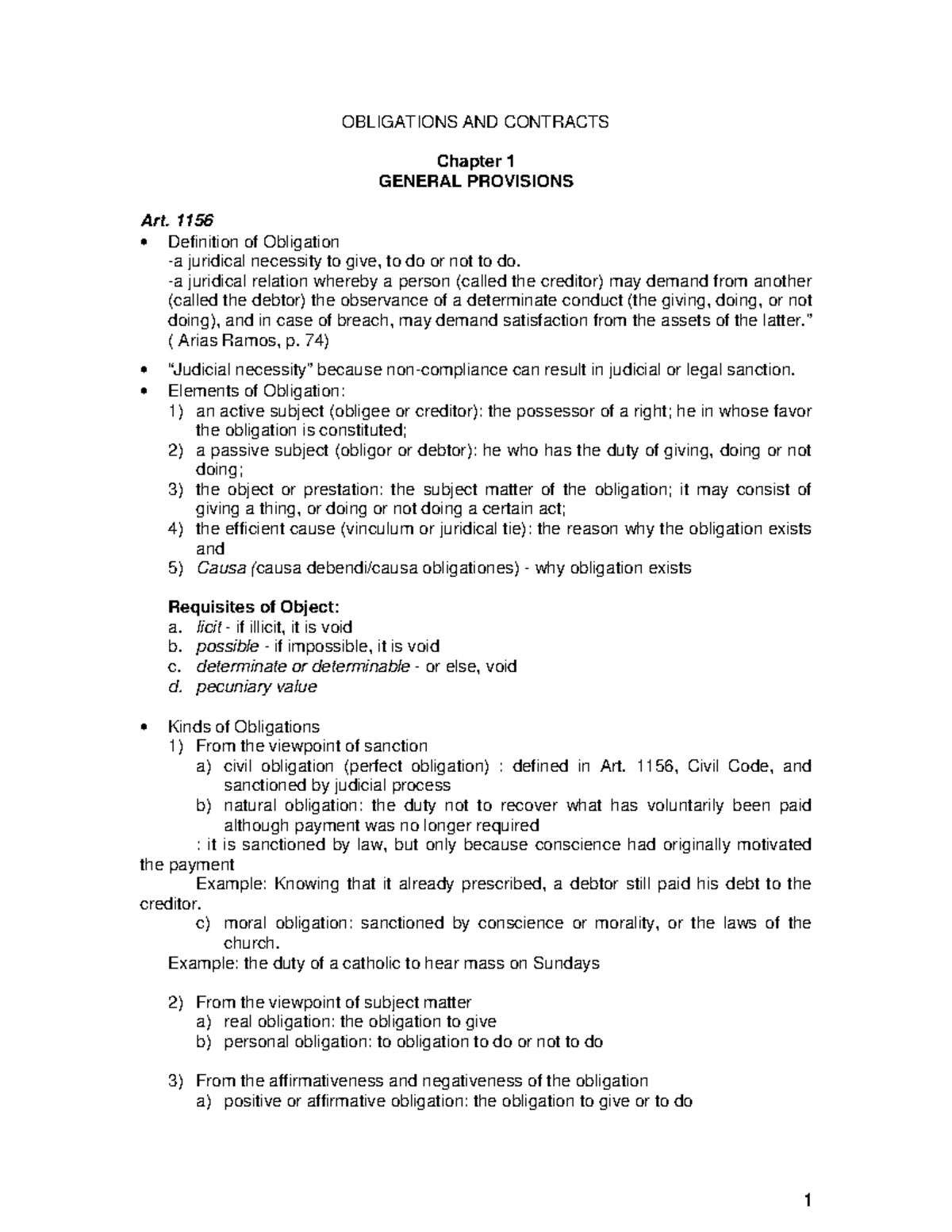 Lecture in Obligations and Contracts Wit - OBLIGATIONS AND CONTRACTS Chapter 1 GENERAL ...