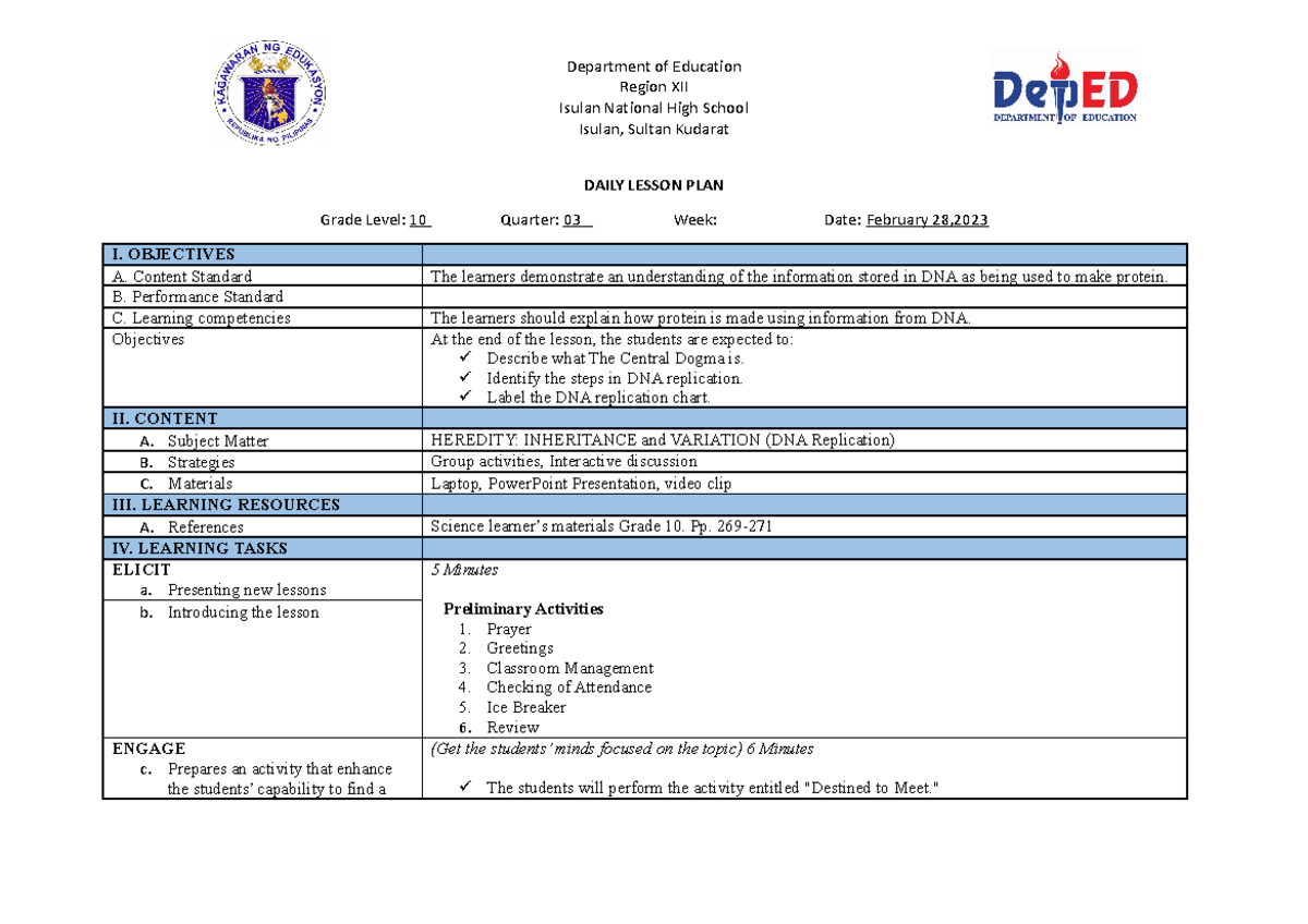 DNA-replication-LP - a sample lesson plan - Department of Education ...