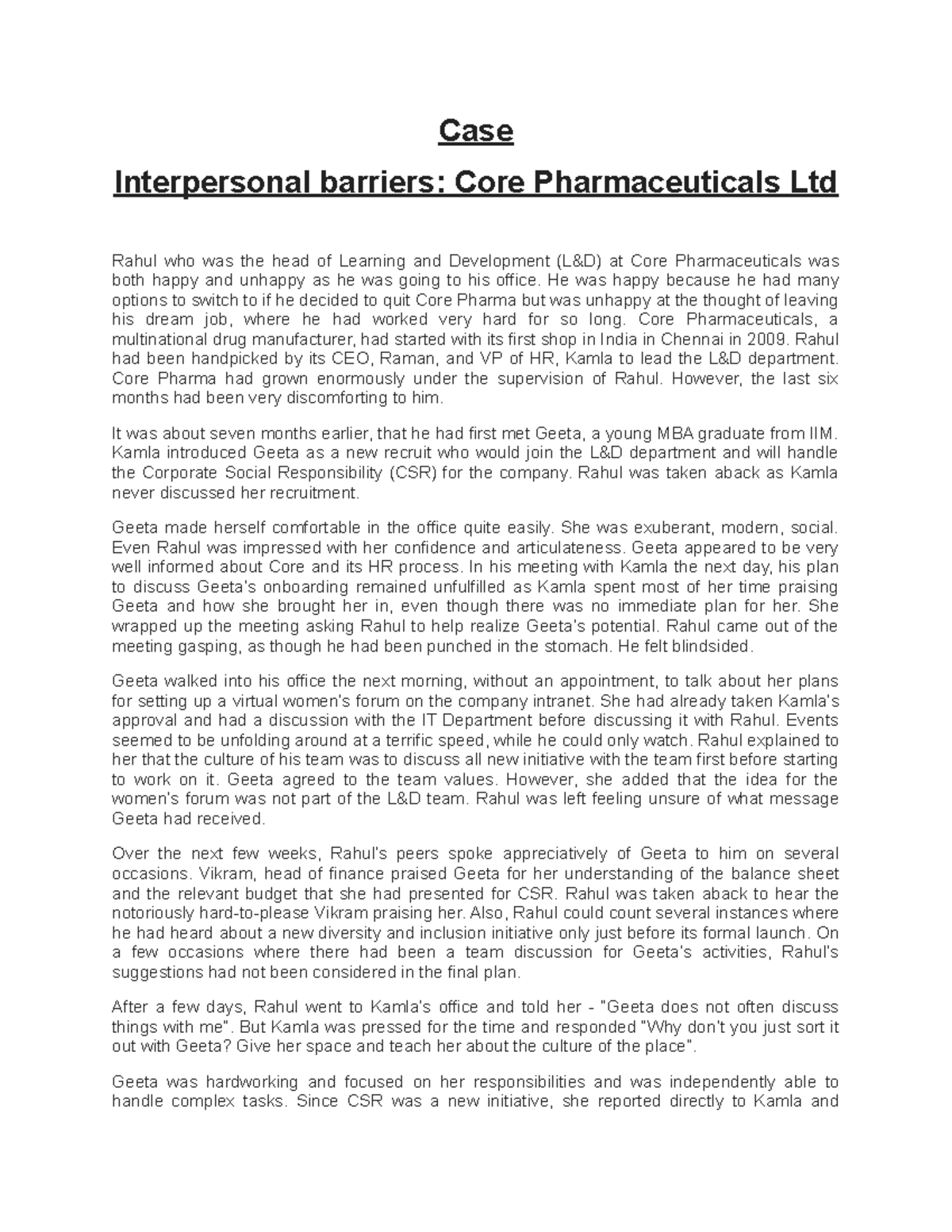 Core Pharma a detailed analysis - Case Interpersonal barriers: Core ...