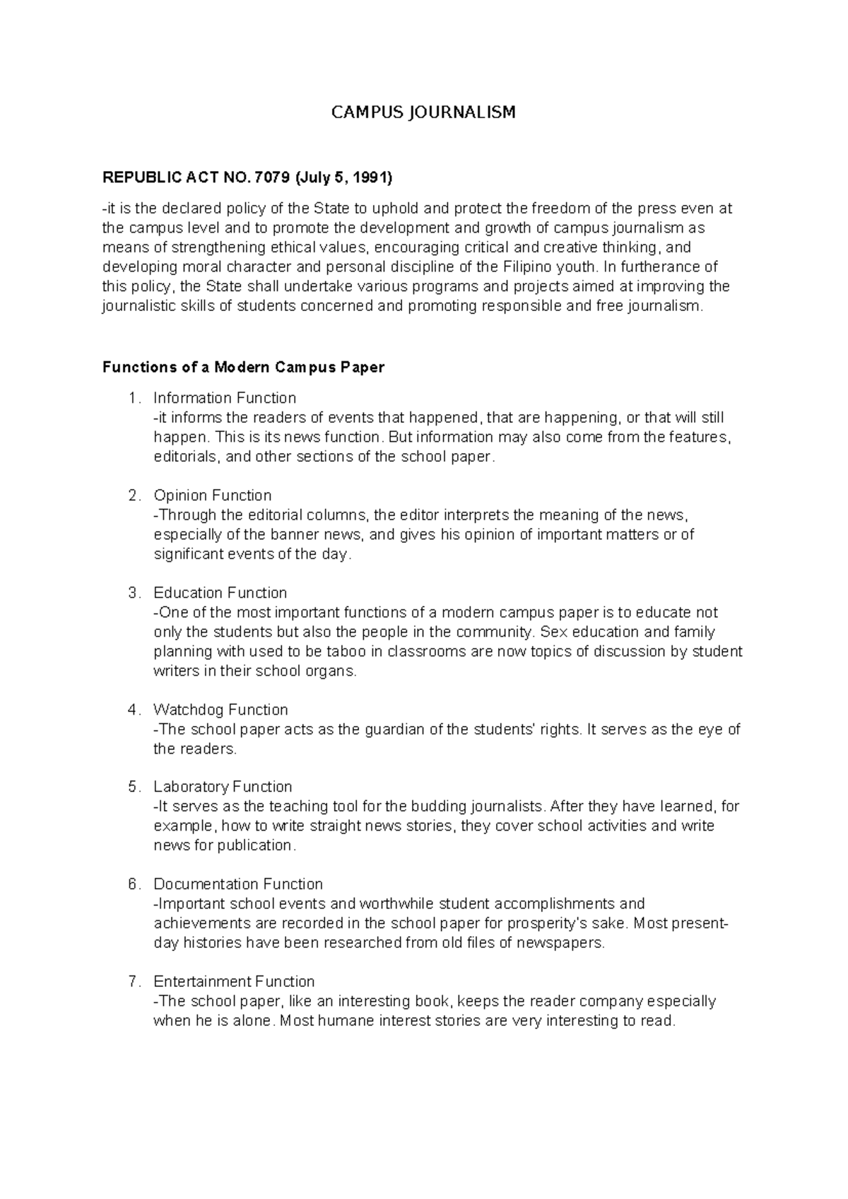 Campus Journalism - CAMPUS JOURNALISM REPUBLIC ACT NO. 7079 (July 5 ...