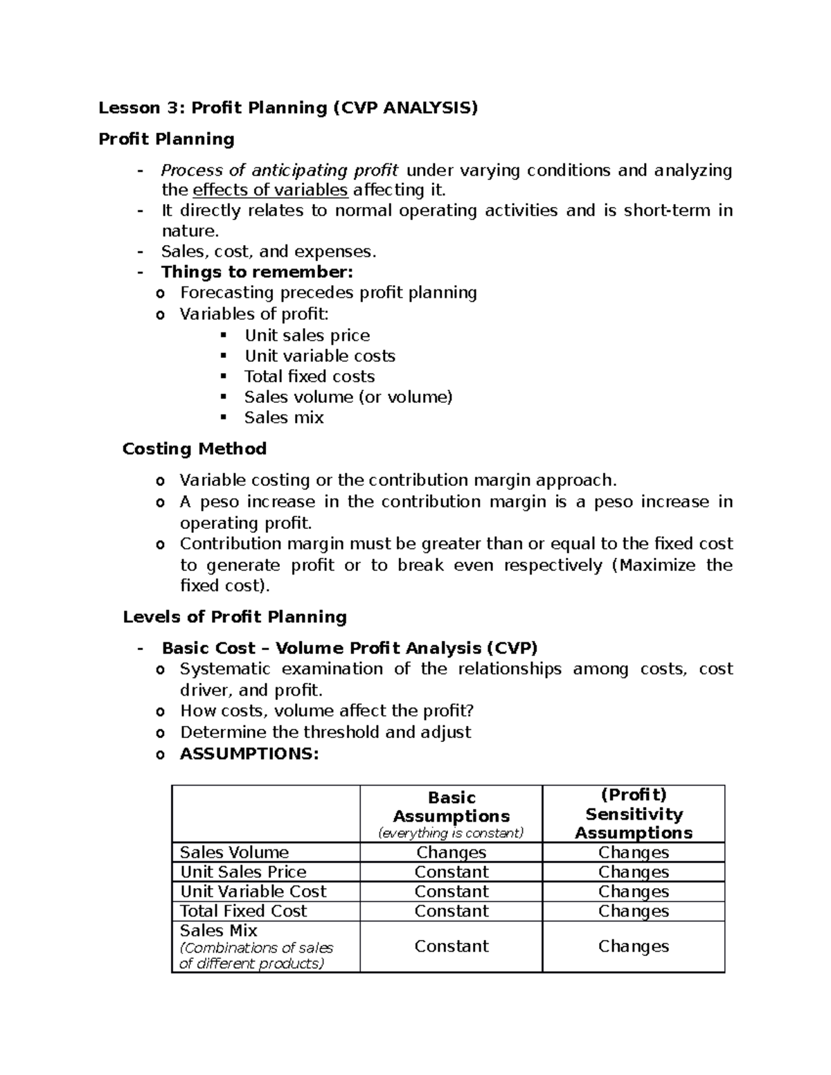 Lesson 3 Profit Planning CVP Analysis - Lesson 3: Profit Planning (CVP ...