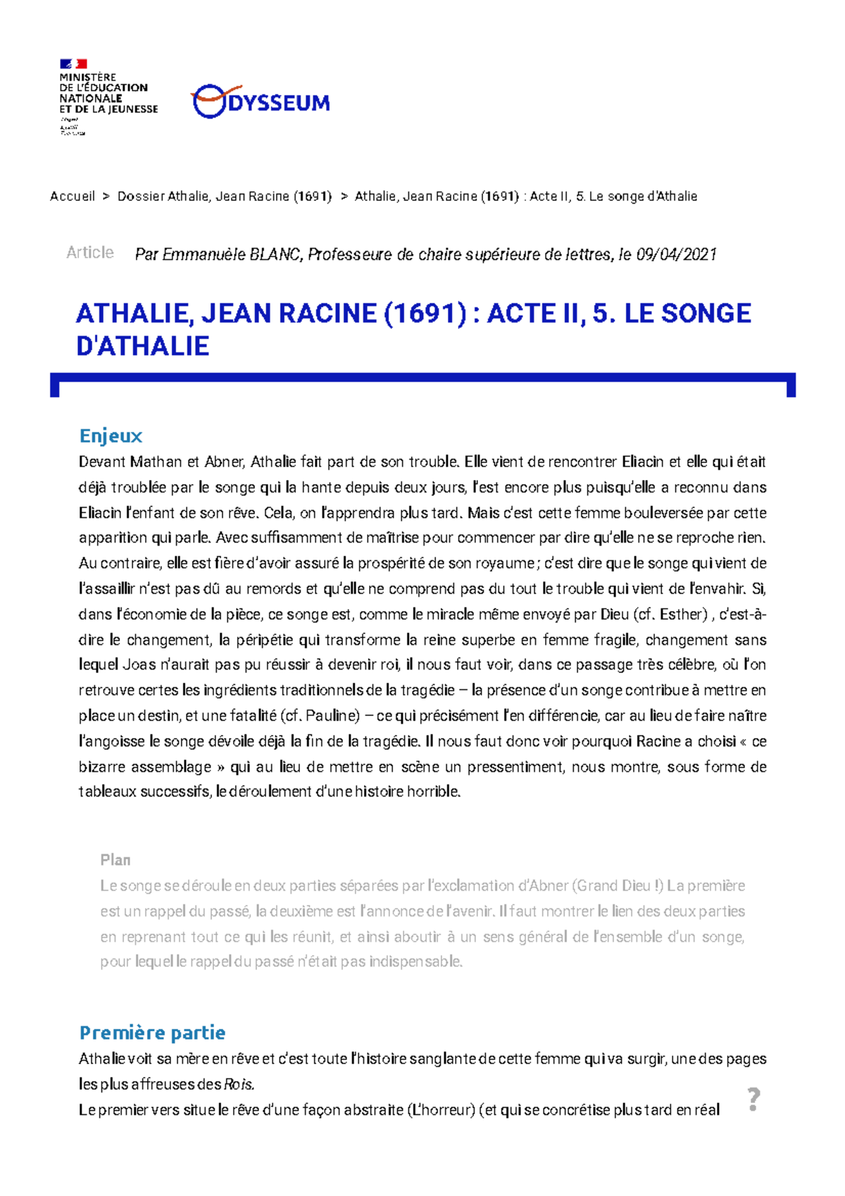 Athalie, Jean Racine (1691) Acte II, 5. Le songe d'Athalie Odysseum ...
