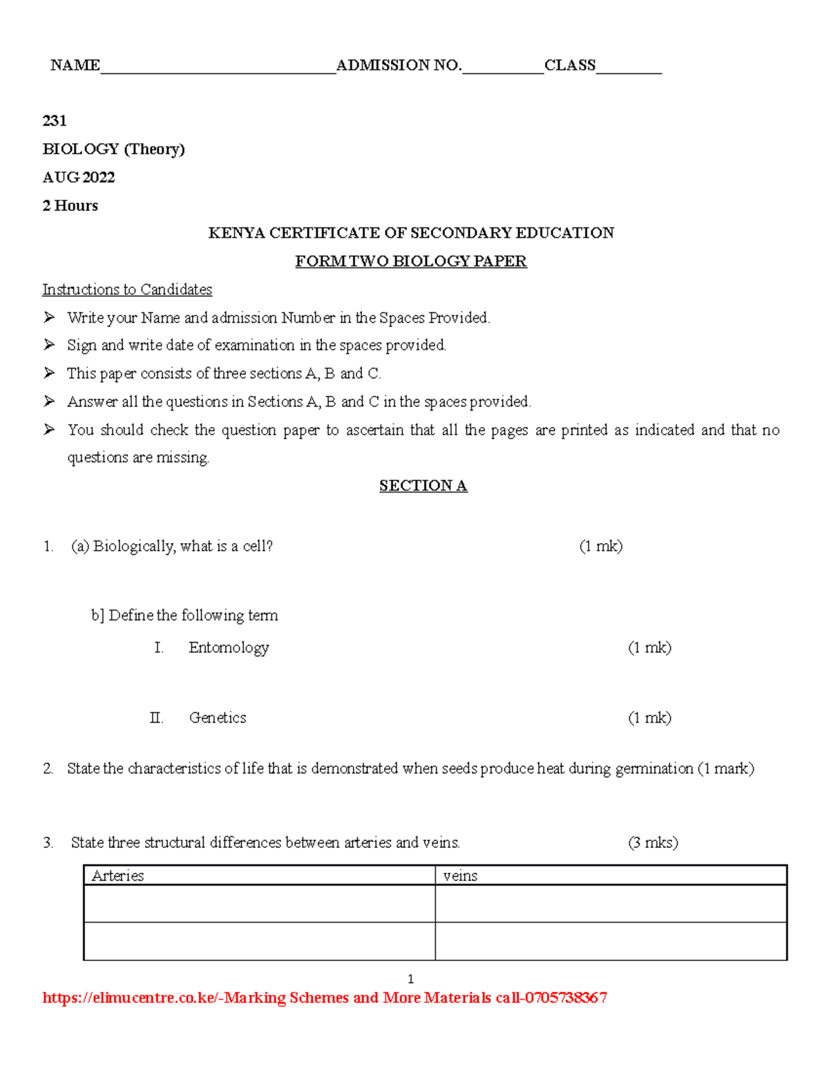 Biology FORM 2 Questions - NAME_____________________________ADMISSION ...