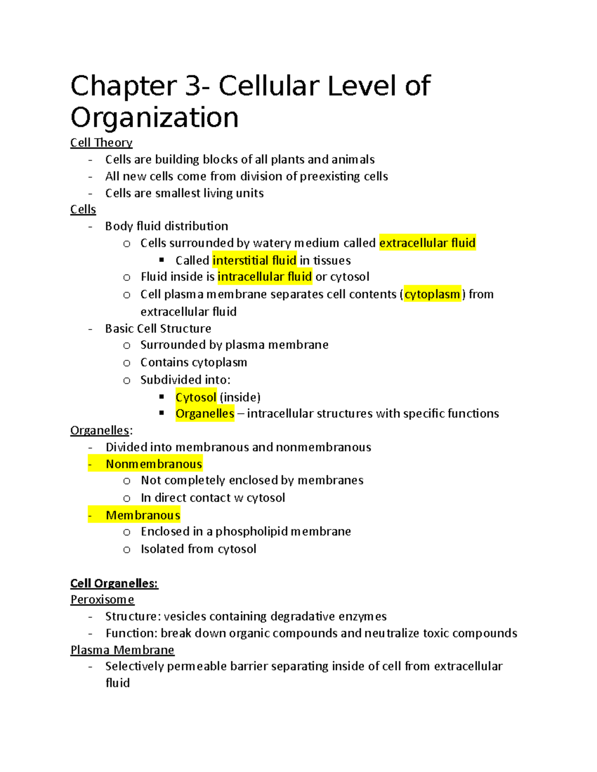 Chapter 3 - Lecture notes ch.3 - Chapter 3- Cellular Level of ...