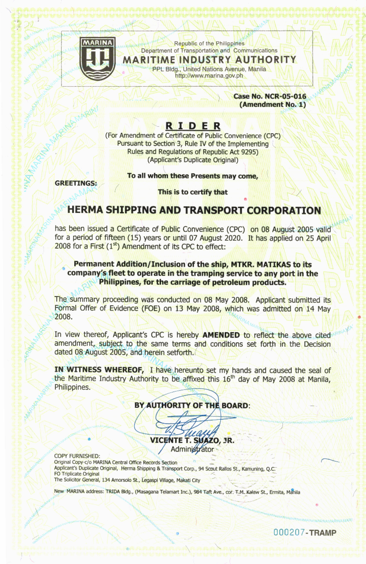 HSTC Certificate of Public Convenience Rider Amendment No 1 MTkr ...