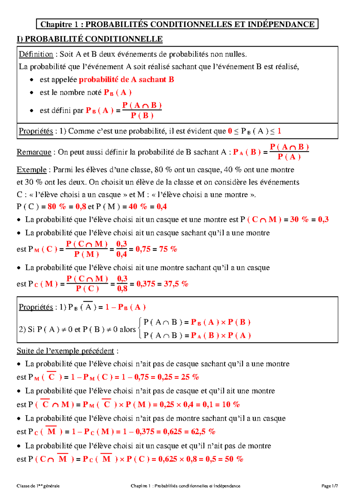 Cours CH 01 Probabilités conditionnelles et indépendance - Chapitre 1 ...